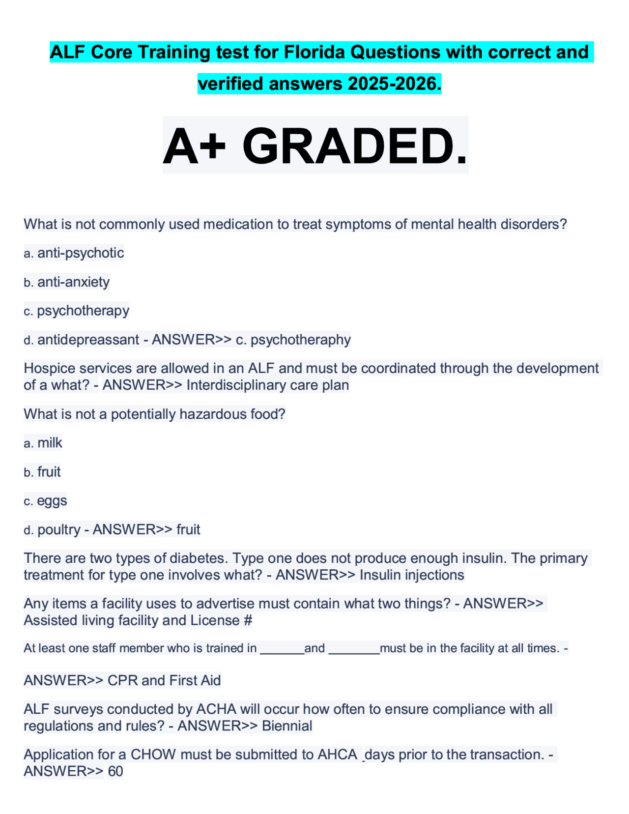 ALF Core Training test for Florida Questions with correct and verified ...
