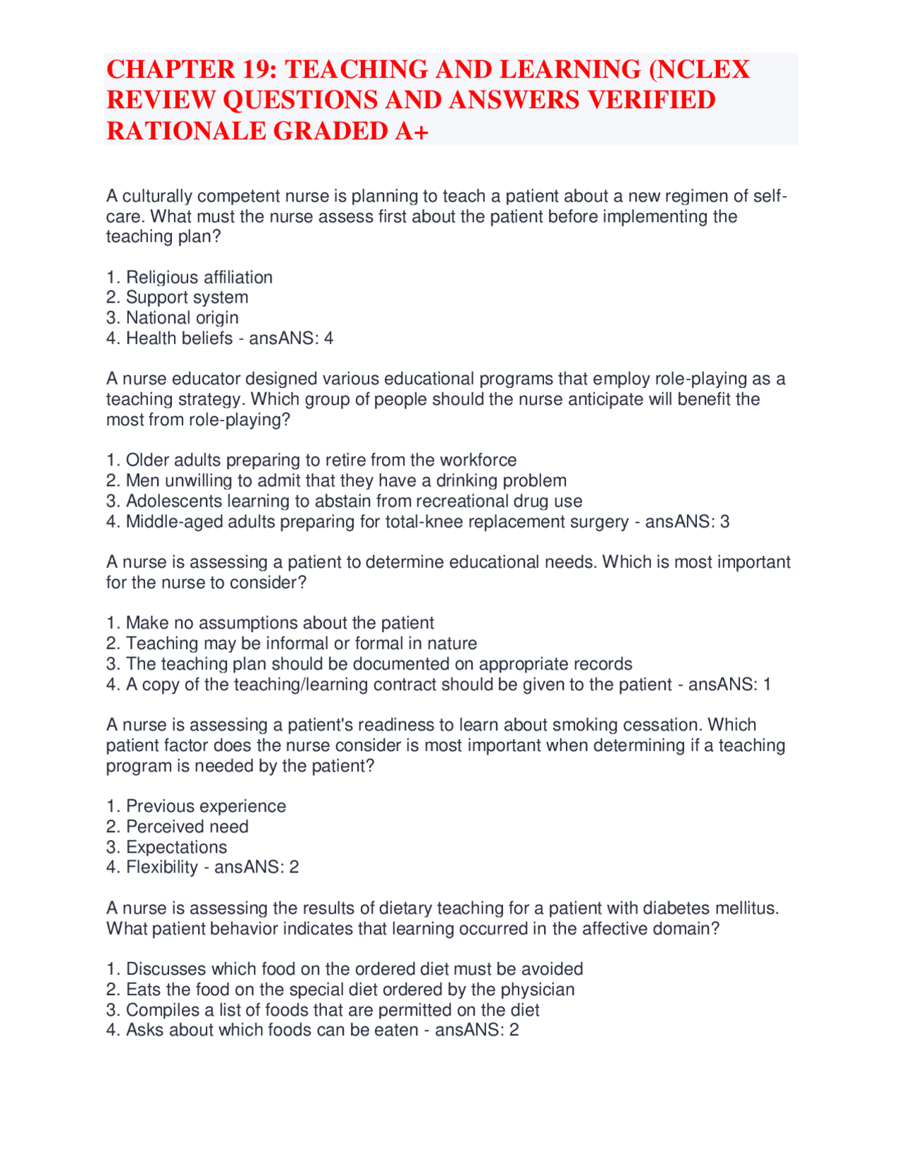 CHAPTER 19 TEACHING AND LEARNING NCLEX REVIEW QUESTIONS AND ANSWERS VERIFIED RATIONALE GRA ...