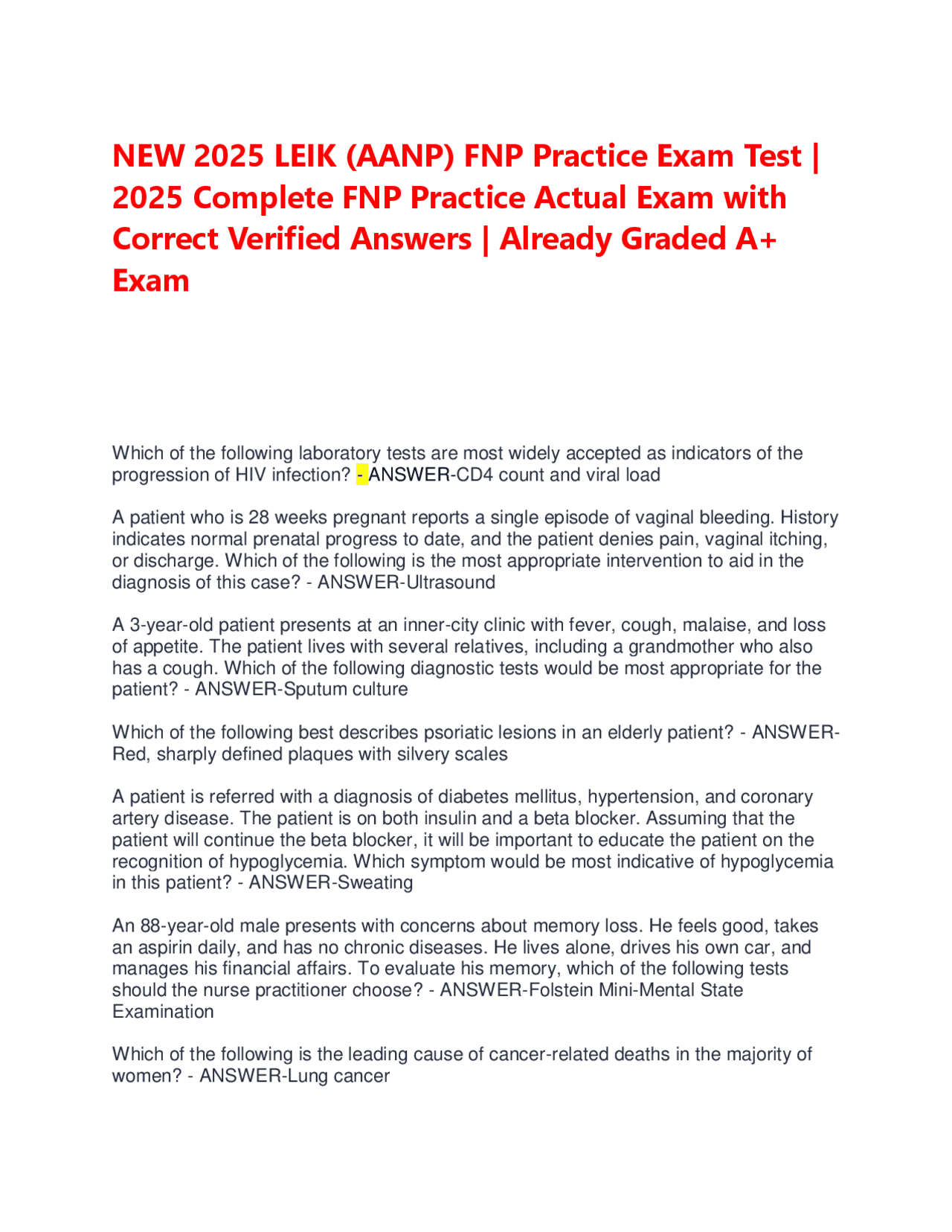 FNP Practice Exam Questions: 2025 Edition | Exams Nursing | Docsity