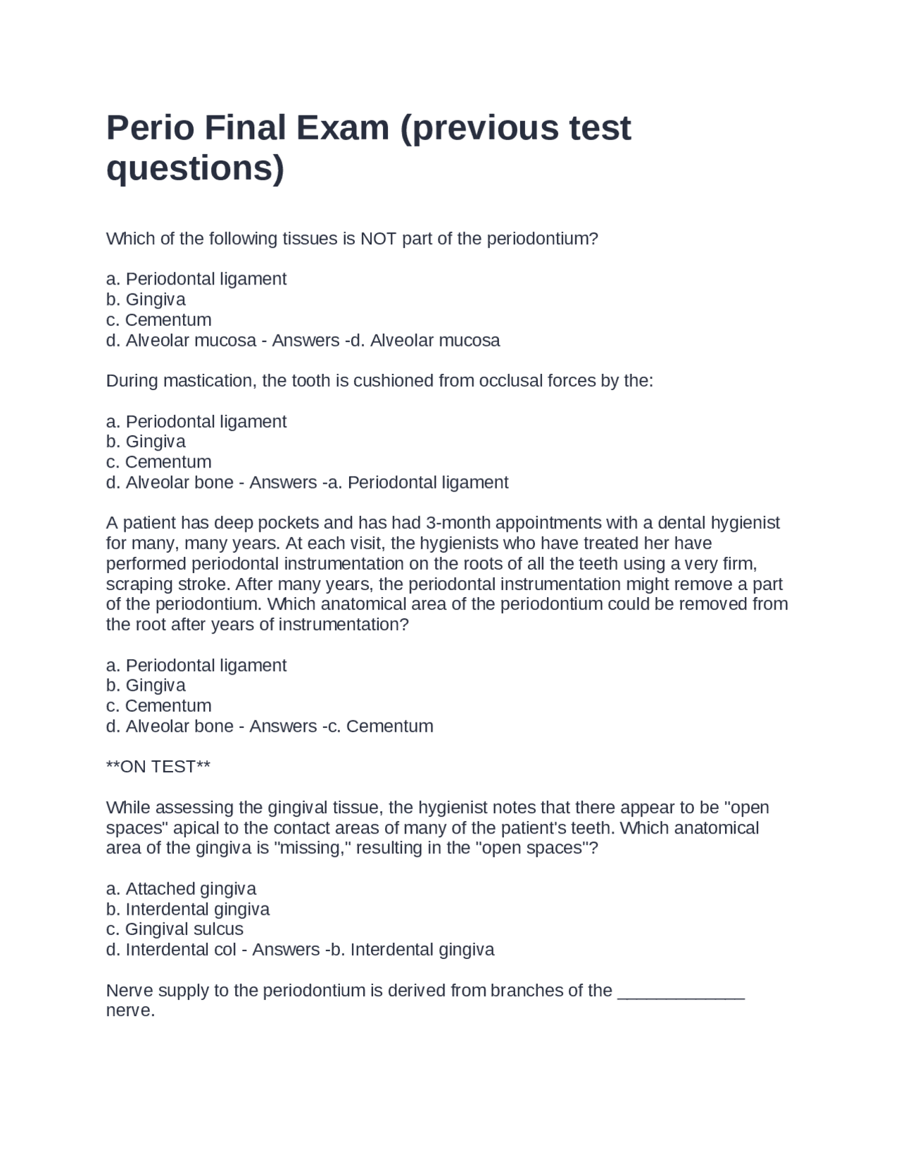 Perio Final Exam Questions and 100% Verified Answers | Exams Nursing | Docsity