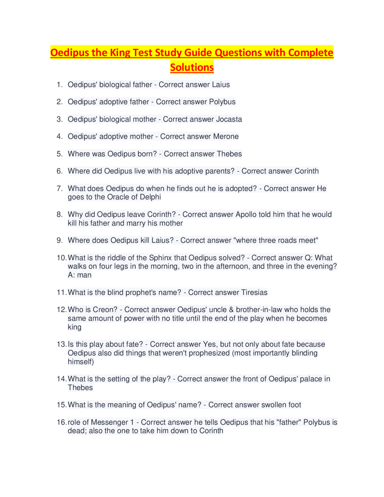Oedipus the King Test Study Guide Questions with Complete Solutions ...