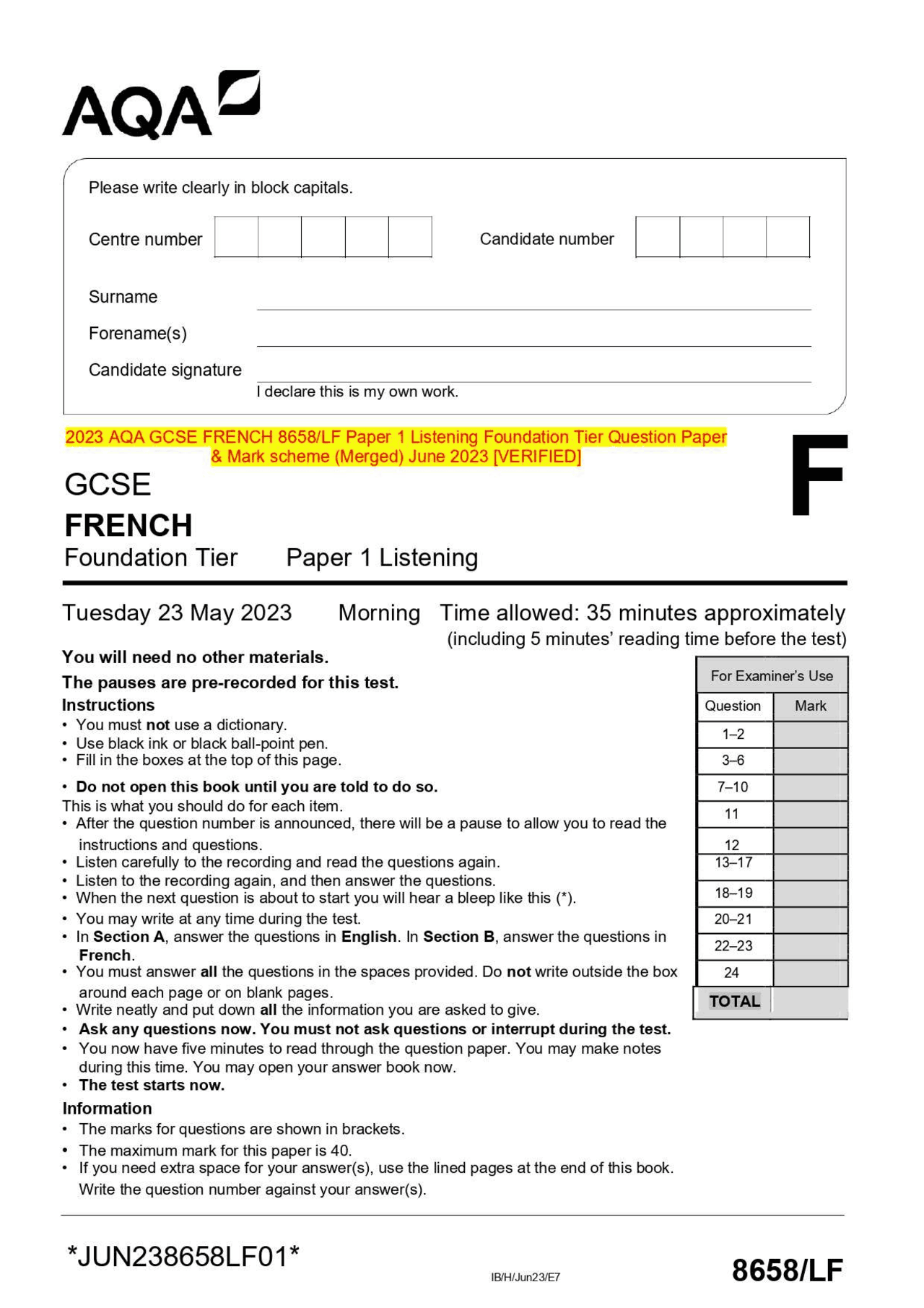 AQA GCSE FRENCH 8658/LF Paper 1 Listening Foundation Tier Question ...