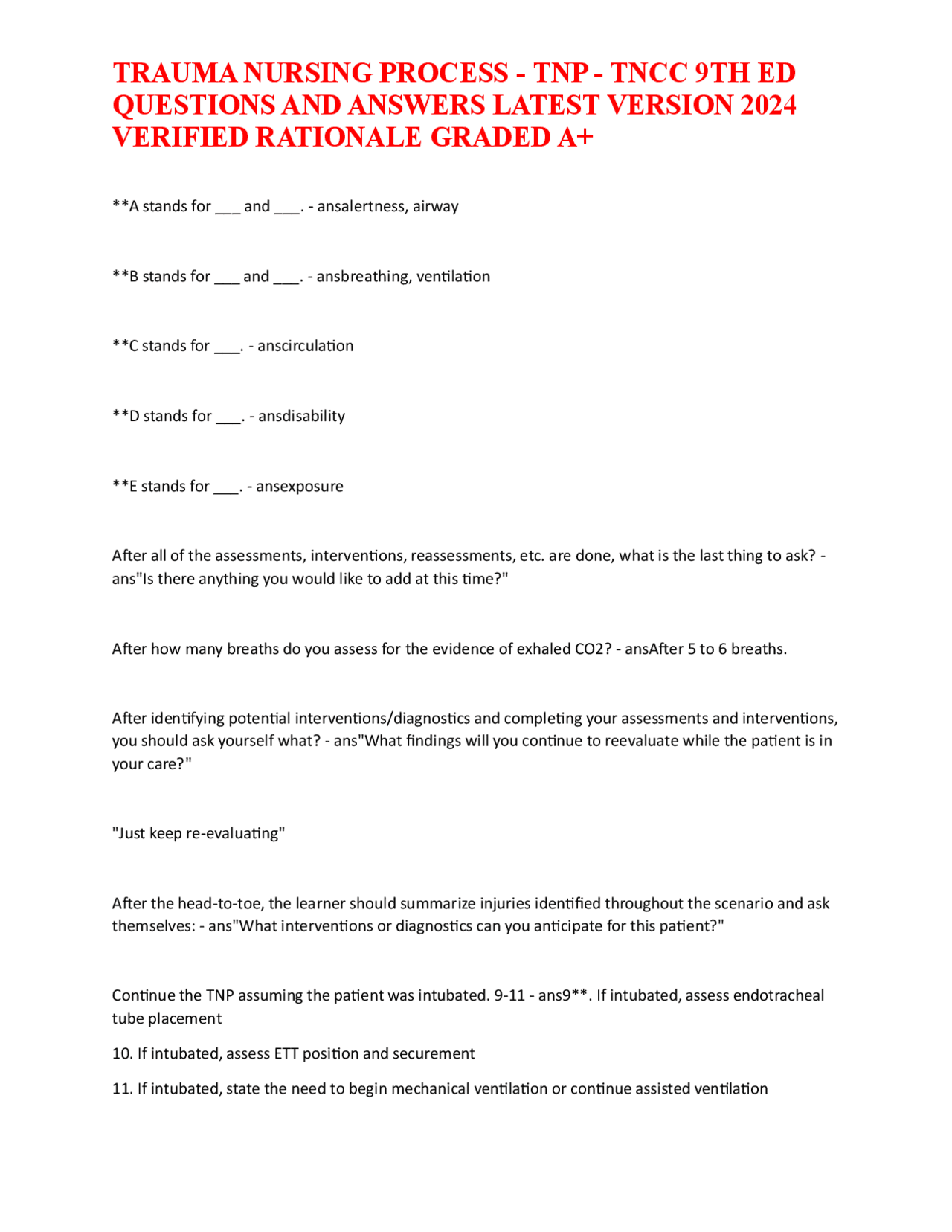 Trauma Nursing Process (TNP) - TNCC 9th Edition: Questions and Answers ...