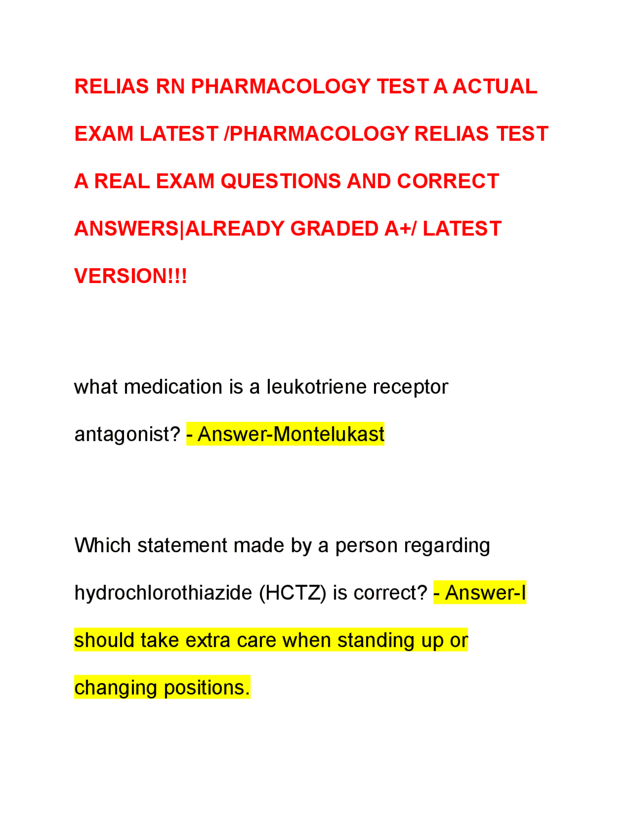 RELIAS RN PHARMACOLOGY TEST A ACTUAL EXAM LATEST /PHARMACOLOGY RELIAS ...