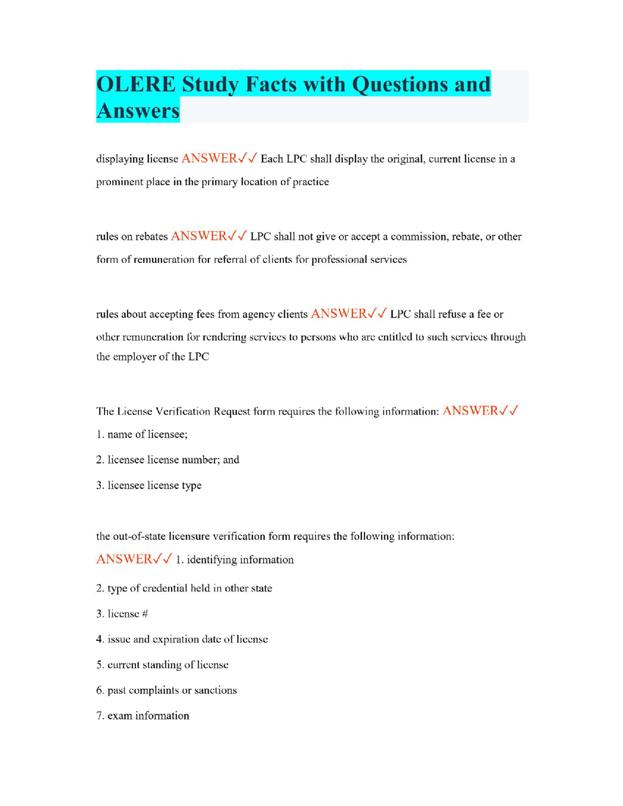 OLERE Study Facts with Questions and Answers | Exams Public Policy ...