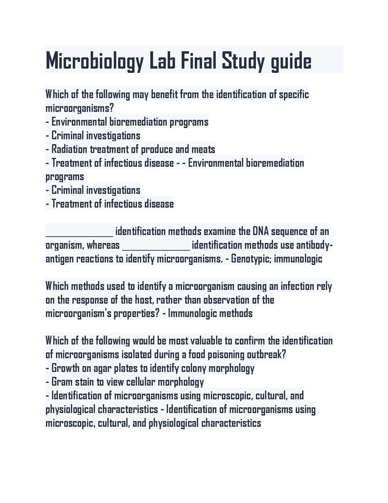 Microbiology Lab Final Study Guide: Identifying Microorganisms | Exams Nursing | Docsity