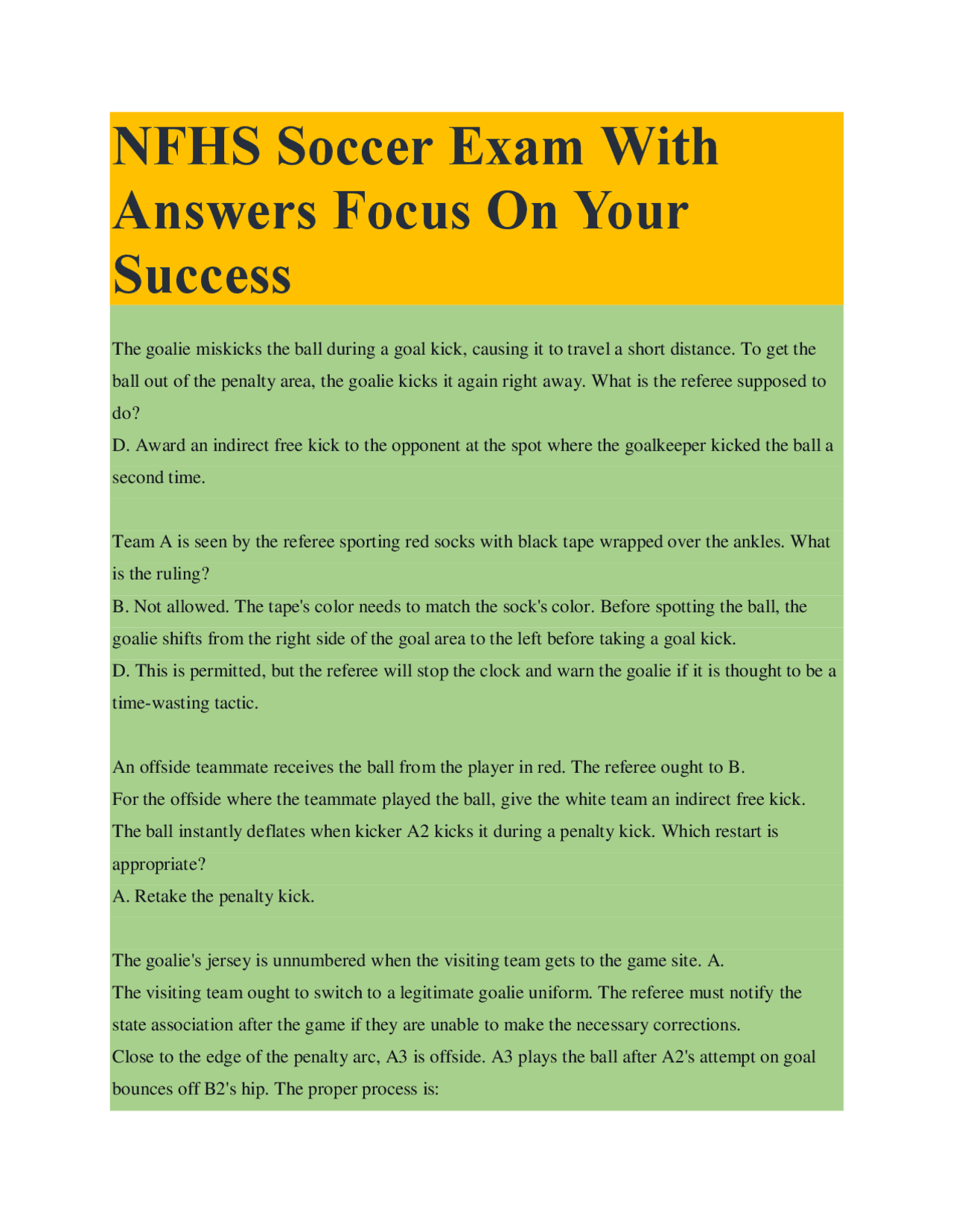 NFHS Soccer Exam With Answers Focus On Your Success | Exams Physical ...
