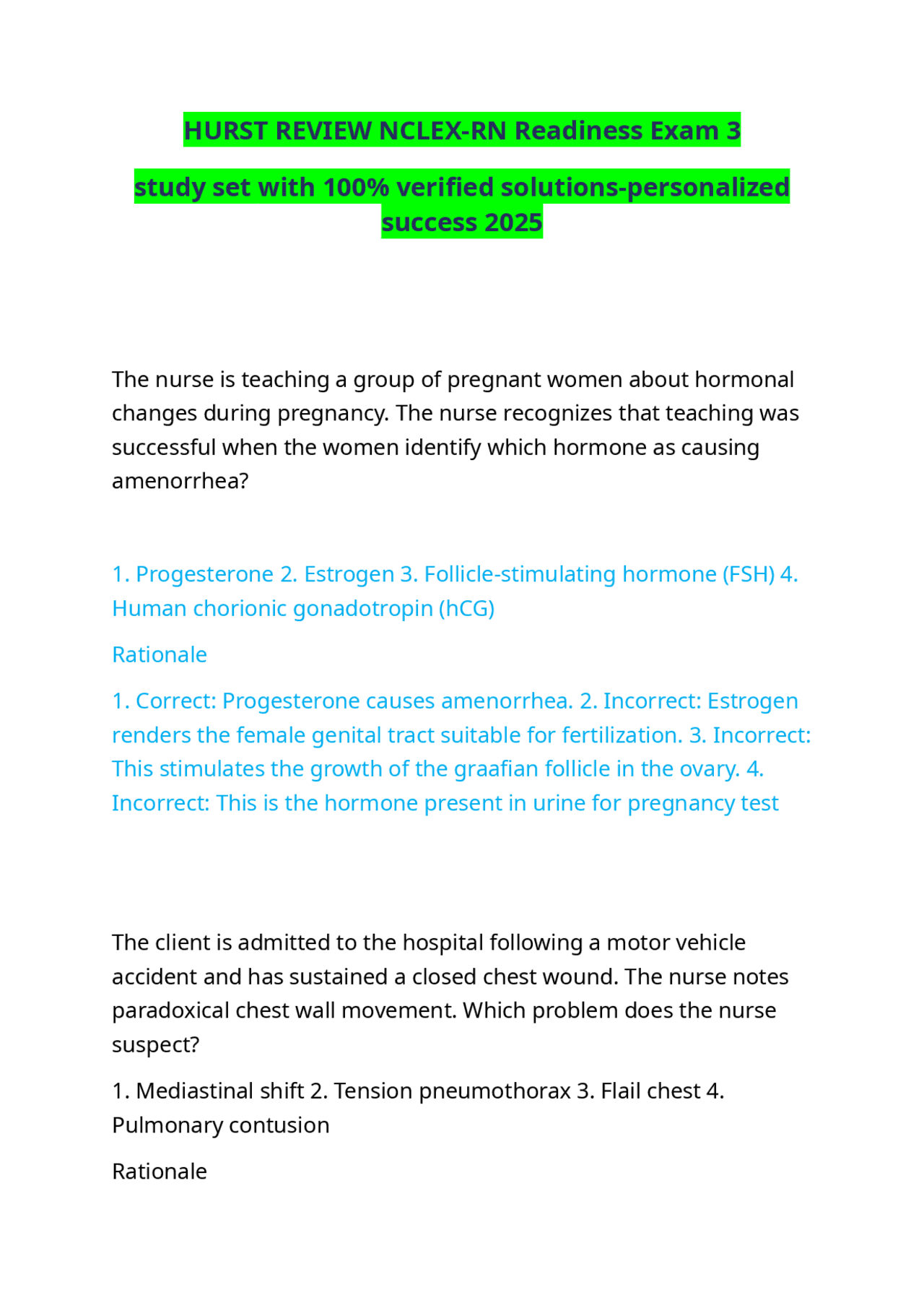 HURST REVIEW NCLEX-RN Readiness Exam 3 study set with 100% verified ...