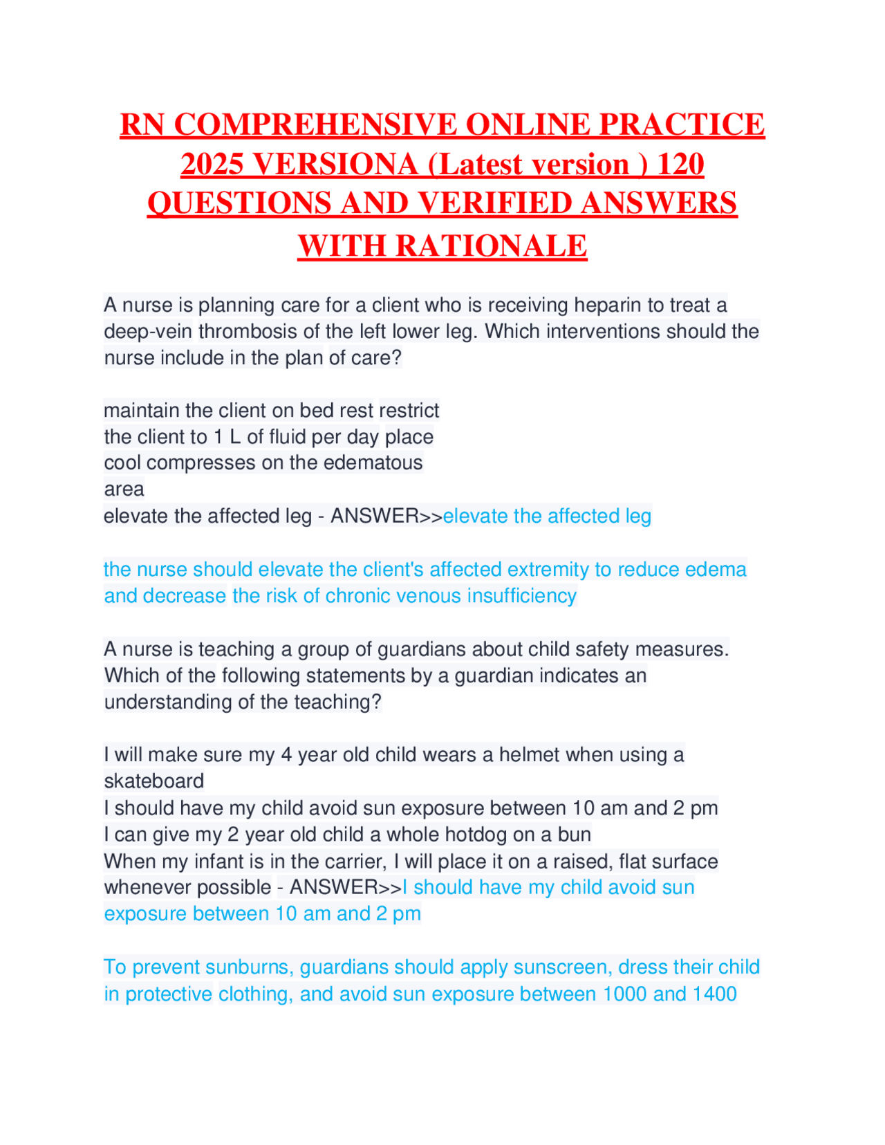 RN COMPREHENSIVE ONLINE PRACTICE 2025 VERSIONA (Latest version ) 120 ...
