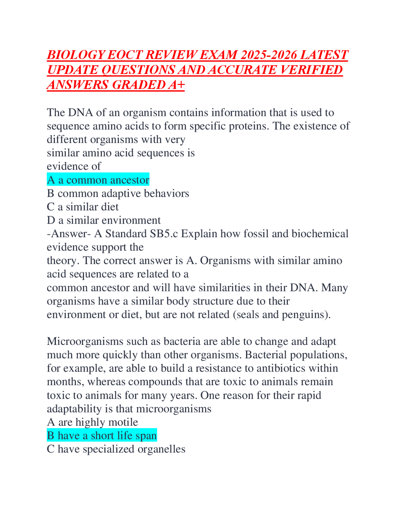 BIOLOGY EOCT REVIEW EXAM QUESTIONS AND ACCURATE ANSWERS.pdf | Exams ...
