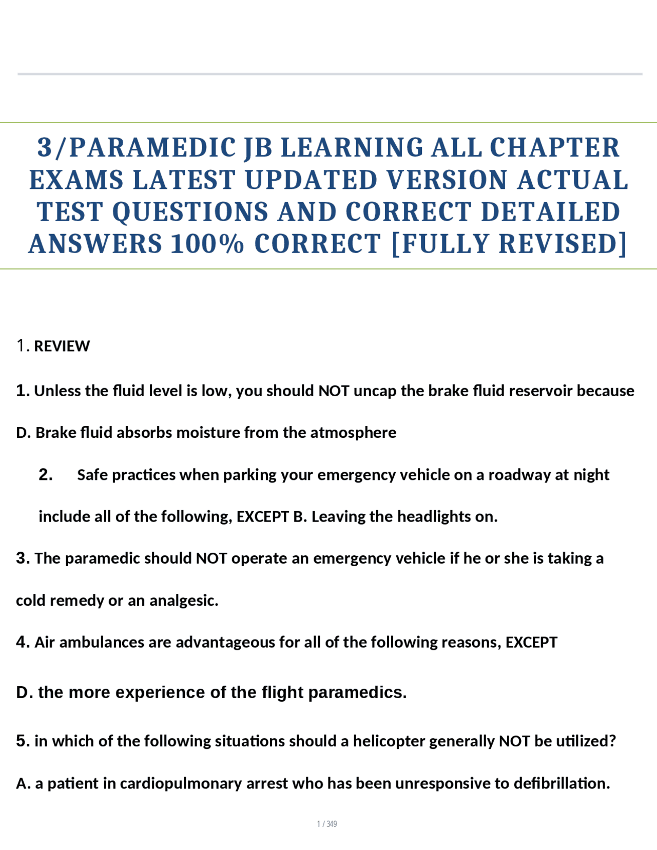 3/PARAMEDIC JB LEARNING ALL CHAPTER EXAMS LATEST UPDATED VERSION ACTUAL ...