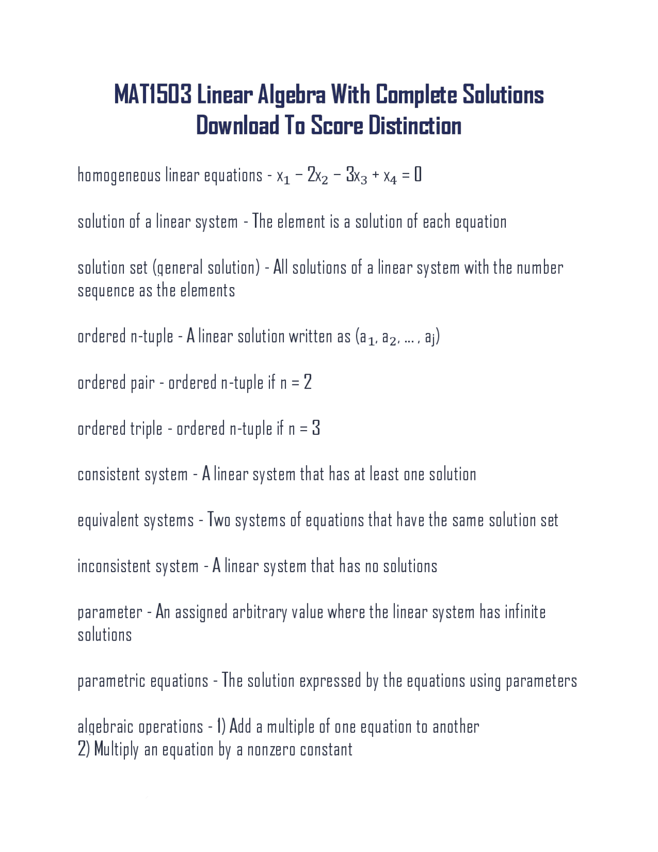 MAT1503 Linear Algebra With Complete Solutions Download To Score ...