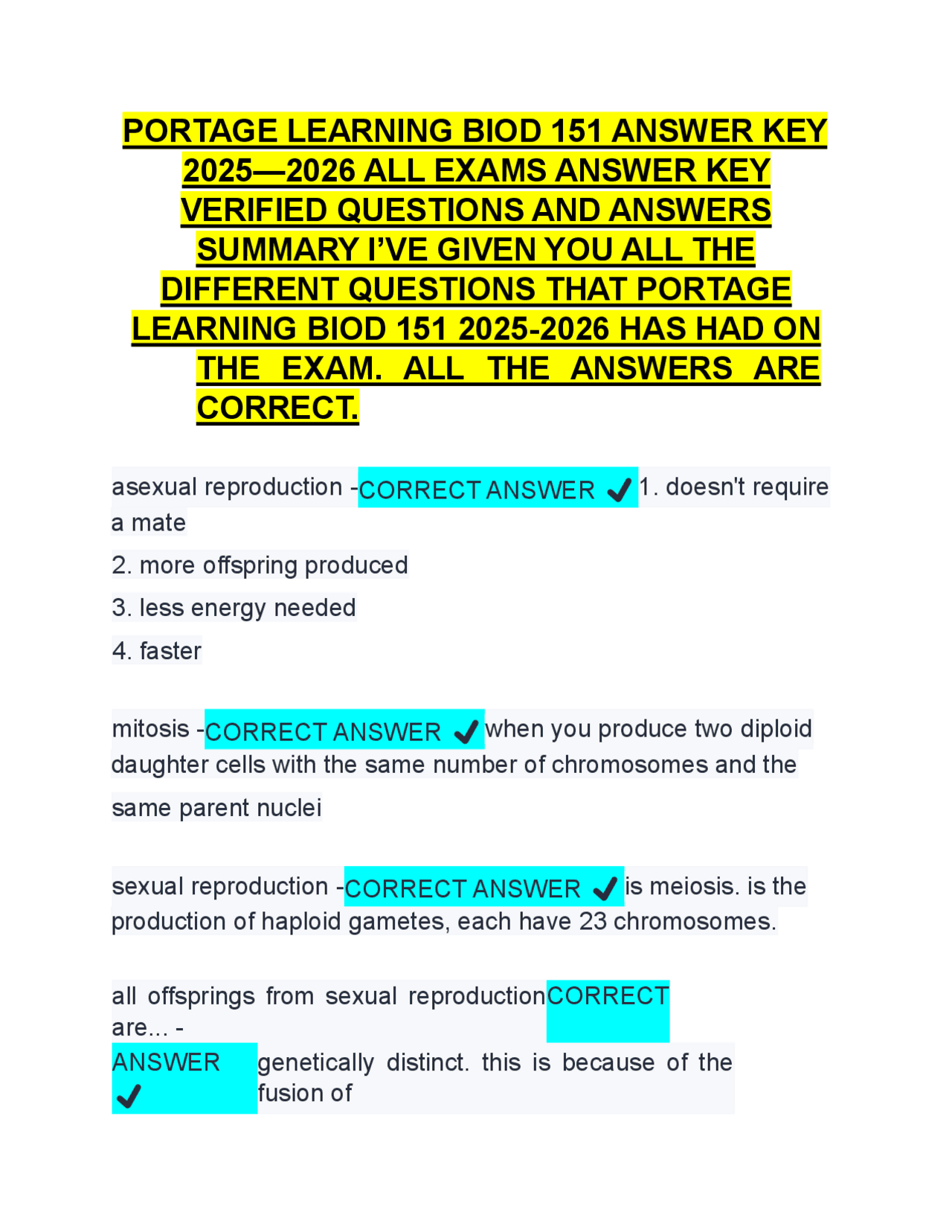 PORTAGE LEARNING BIOD 151 ANSWER KEY 2025—2026 ALL EXAMS ANSWER KEY ...