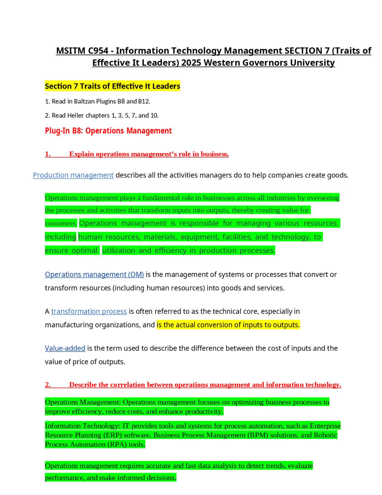 MSITM C954 - Information Technology Management: Section 7 - Traits of ...