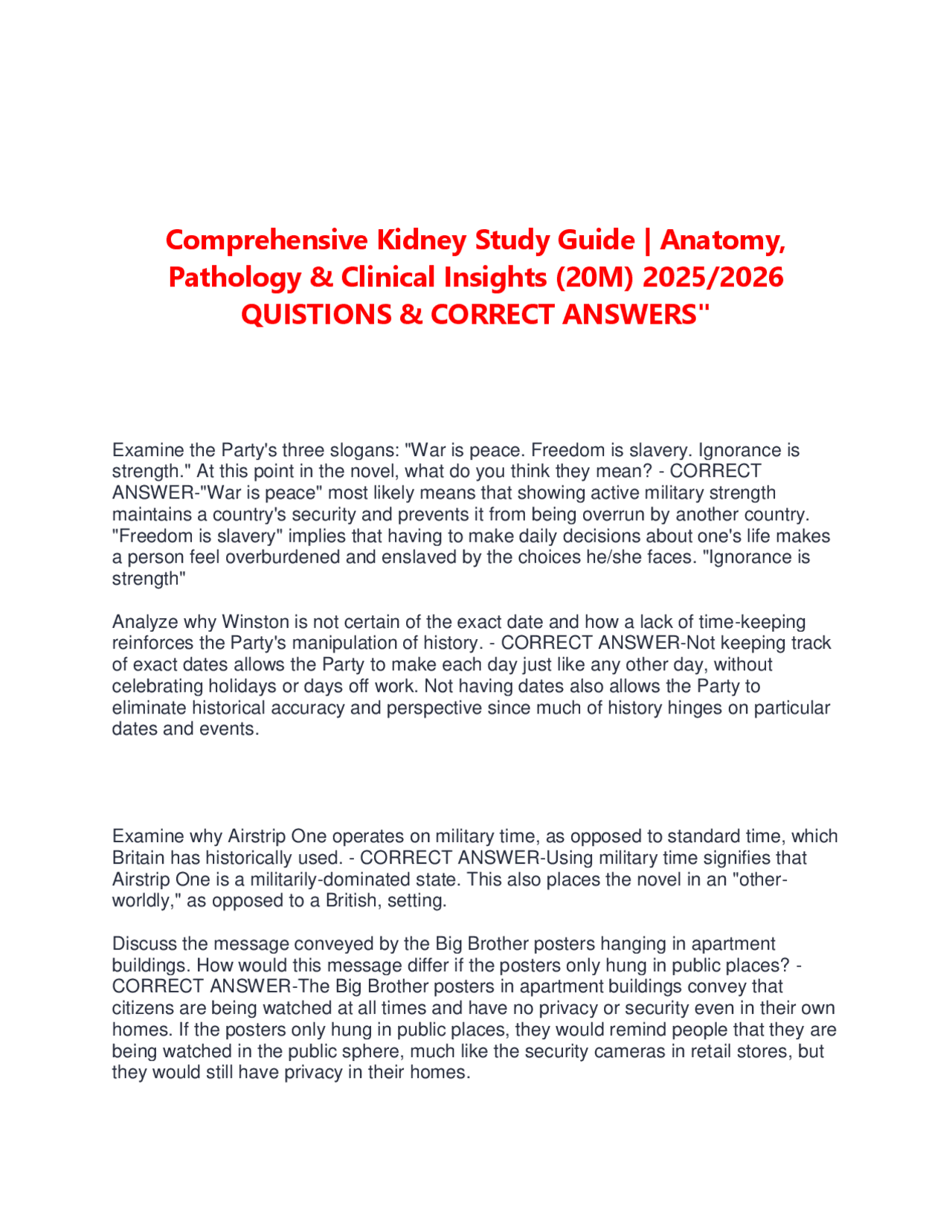 1984 Study Guide: Questions and Answers for Analysis | Exams Nursing ...