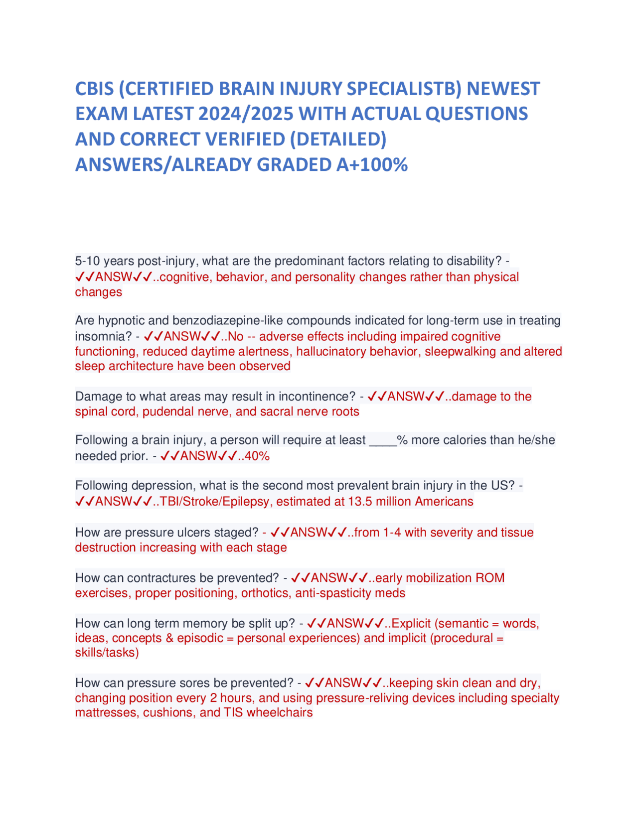 CBIS (CERTIFIED BRAIN INJURY SPECIALISTB) NEWEST EXAM LATEST 2024/2025 ...