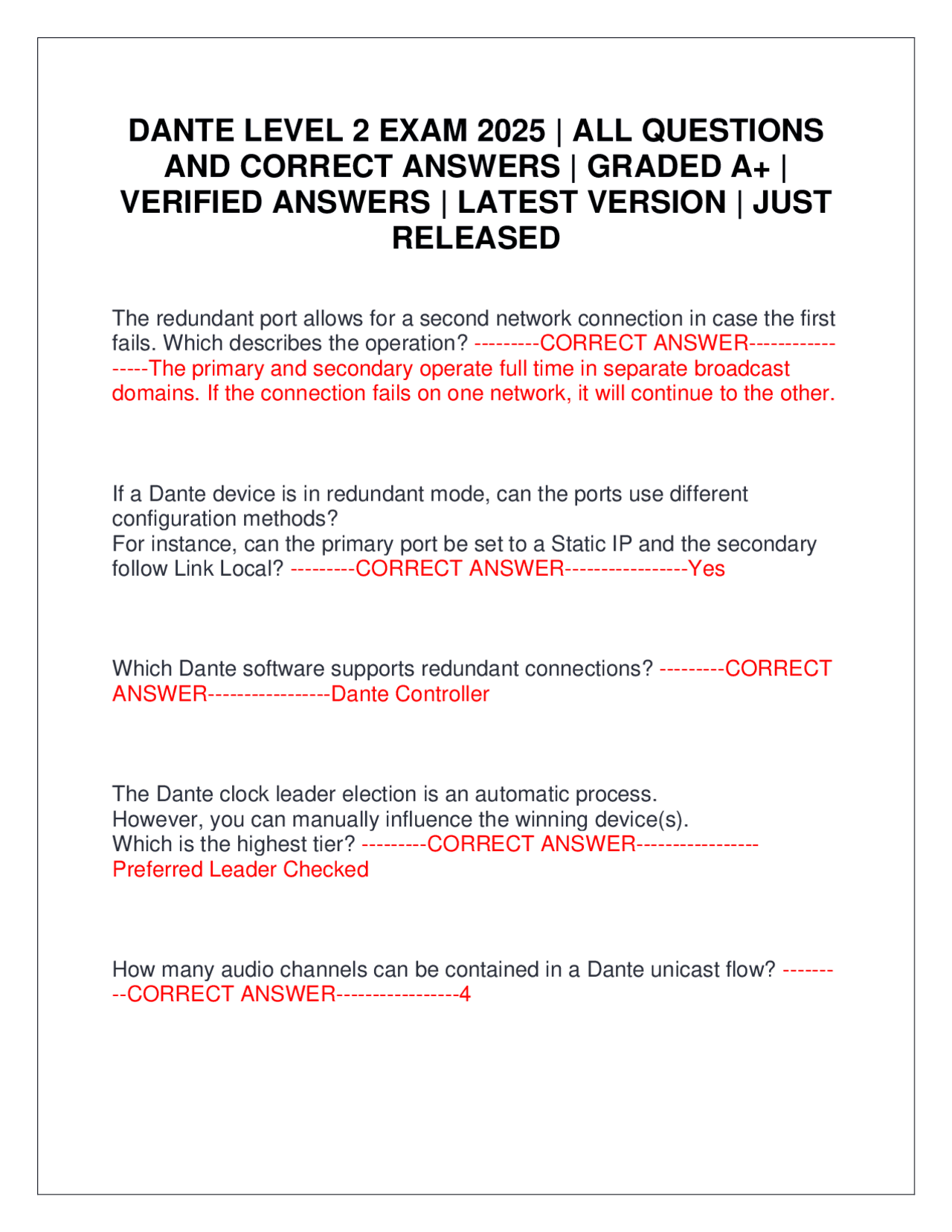 Dante Audio Networking Exam Questions and Answers | Exams Computer Networks | Docsity