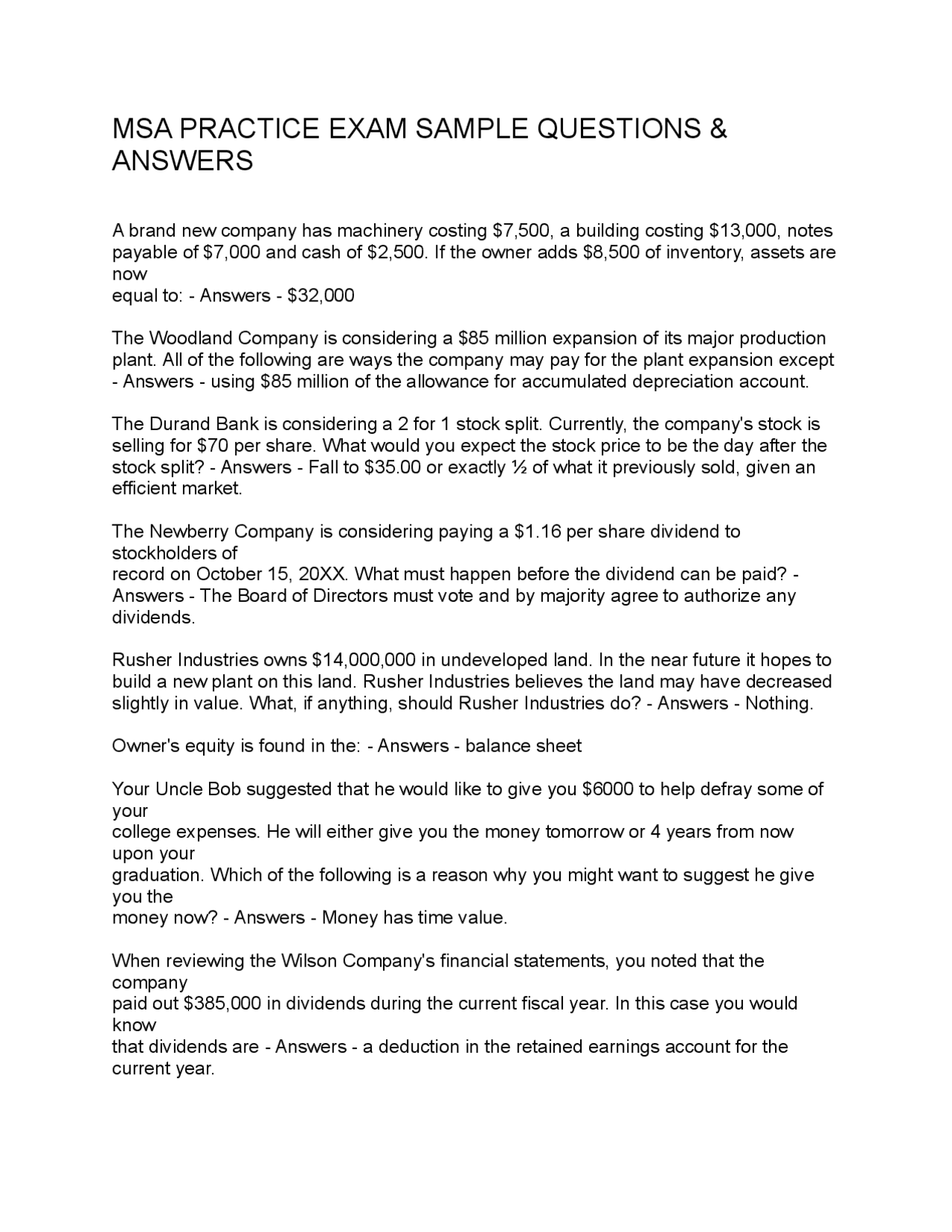 MSA PRACTICE EXAM SAMPLE QUESTIONS & ANSWERS | Exams Social Sciences | Docsity