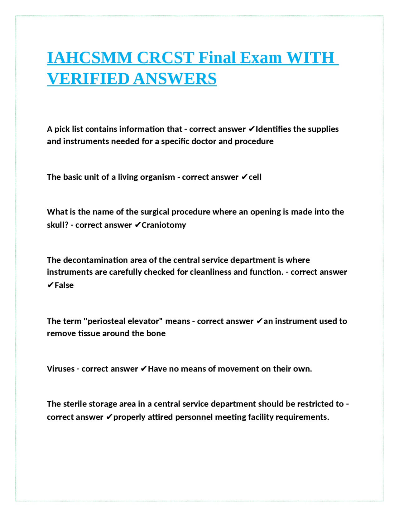 IAHCSMM CRCST Final Exam Questions and Answers | Exams Nursing | Docsity