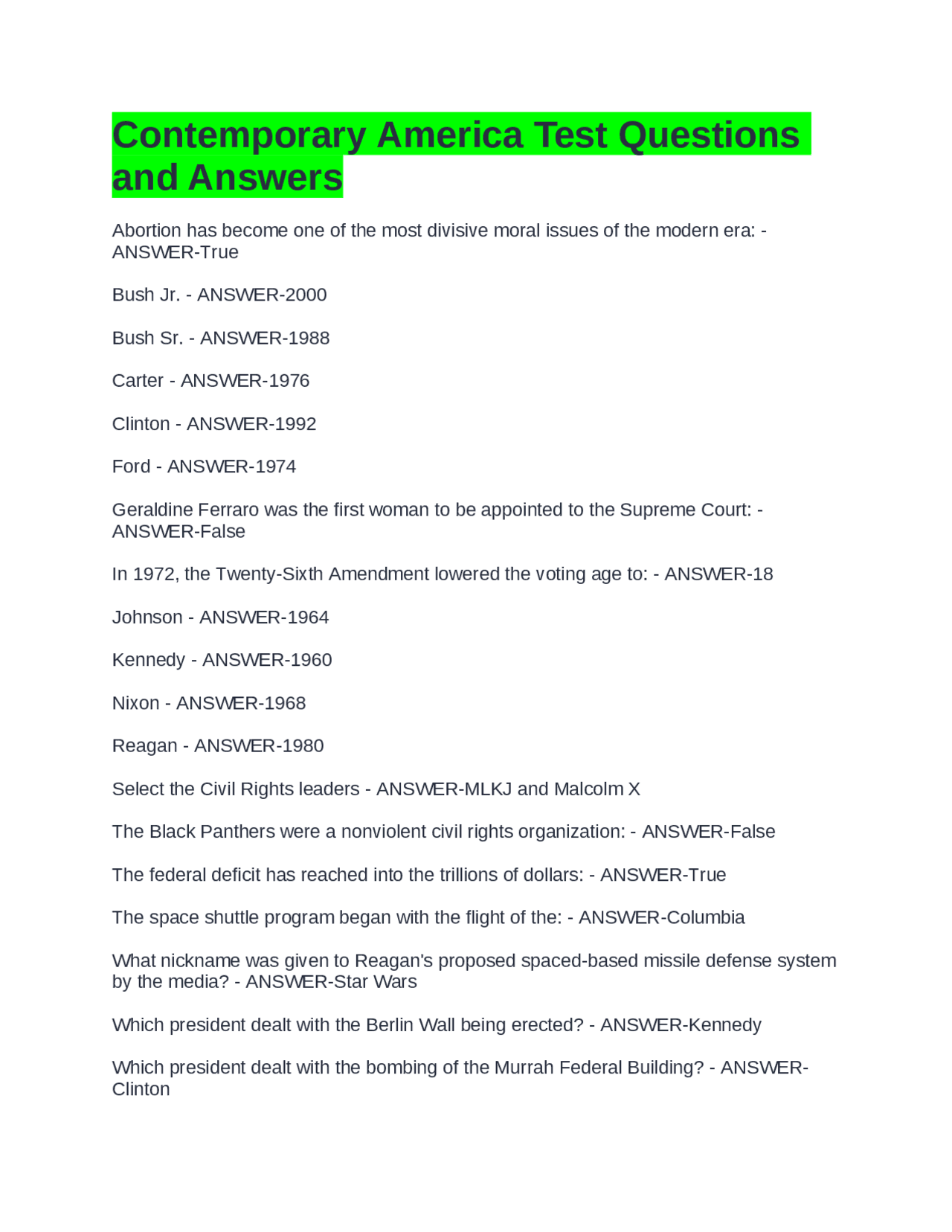 Contemporary America Test Questions and Answers. | Exams Advanced ...