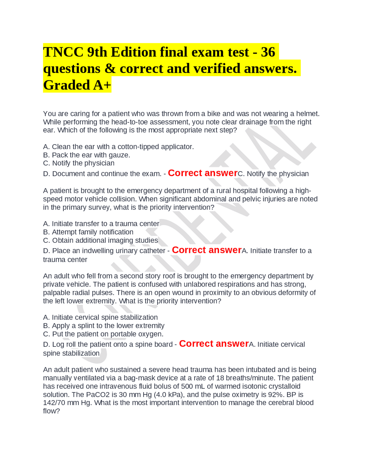 TNCC 9th Edition final exam test - 36 questions & correct and verified ...