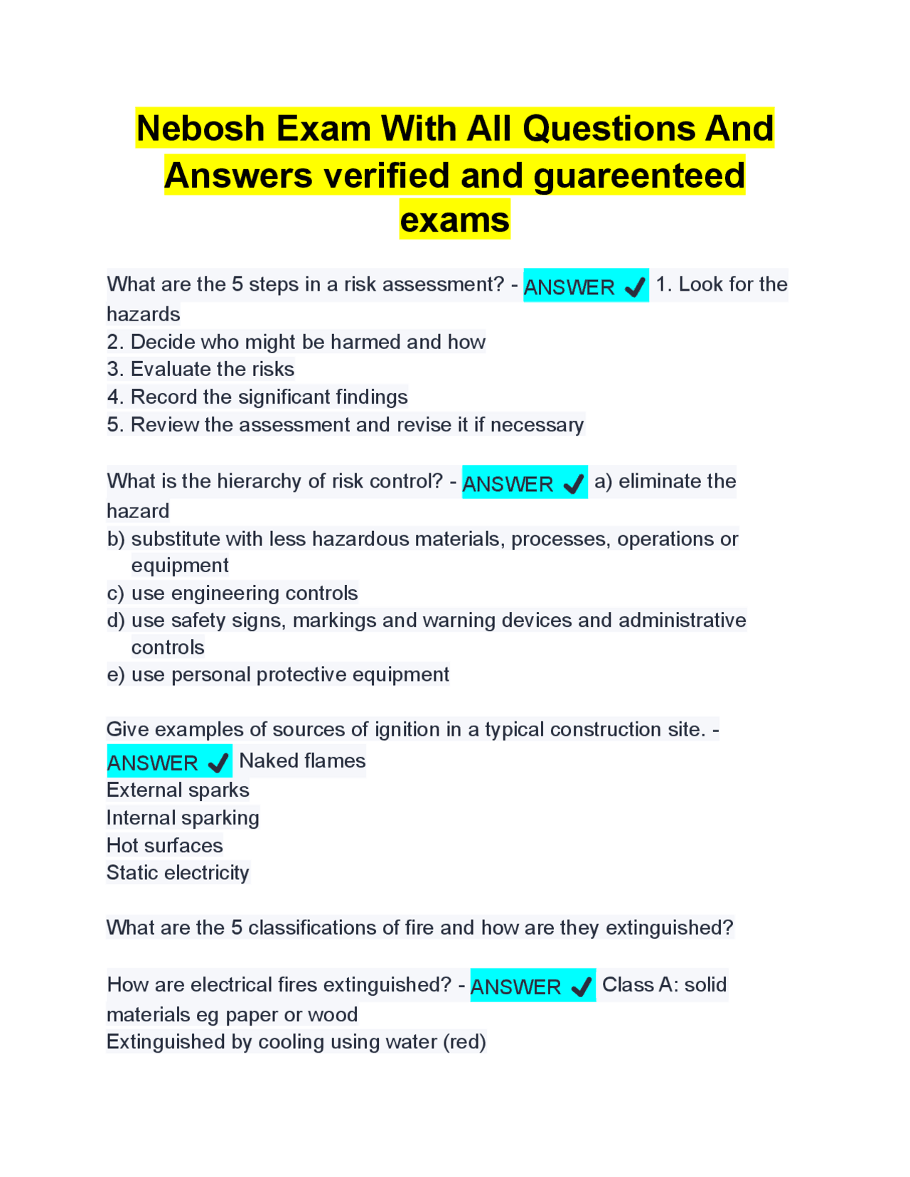 Nebosh Exam With All Questions And Answers verified and guareenteed | Exams Nursing | Docsity