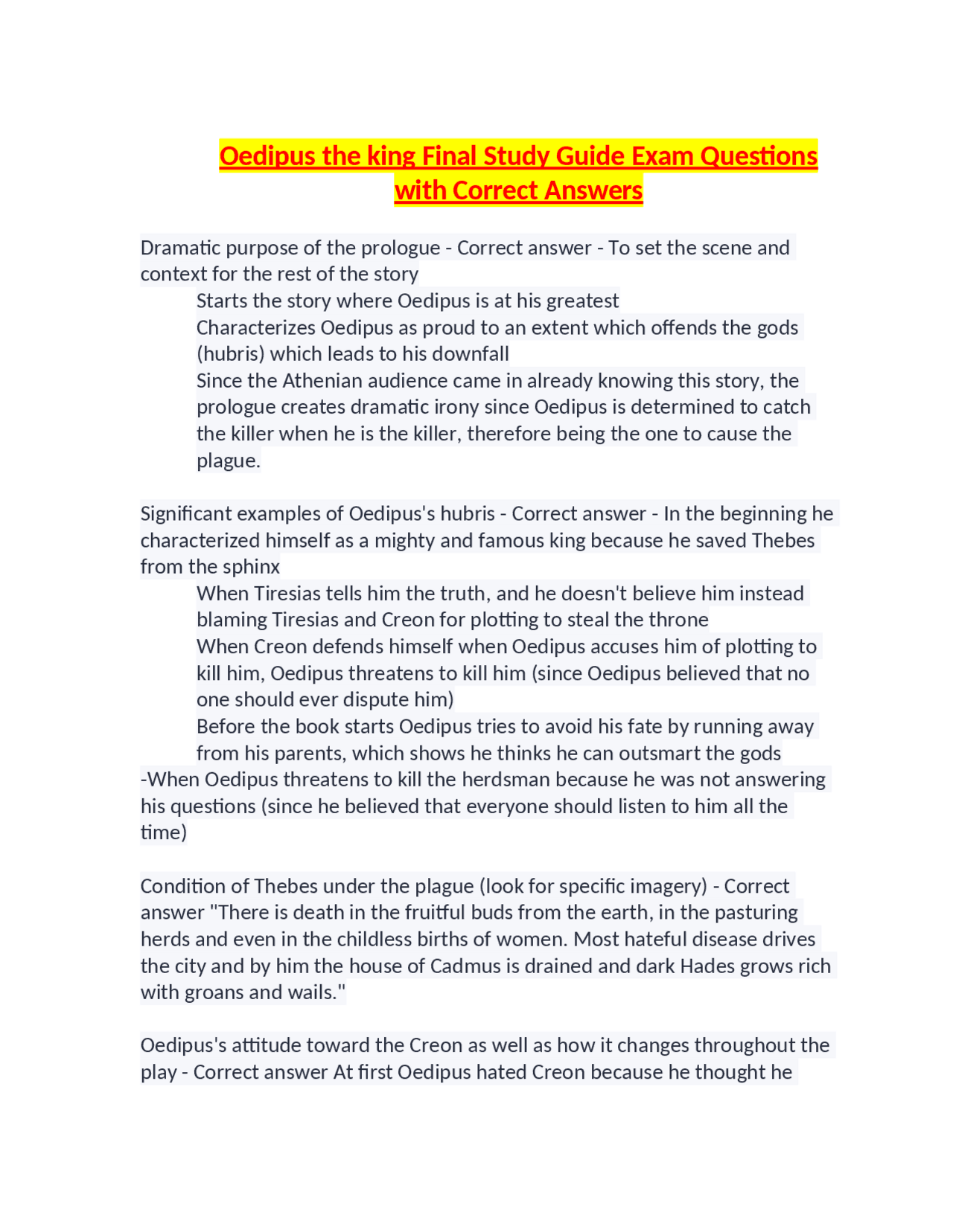 Oedipus the king Final Study Guide Exam Questions with Correct Answers ...