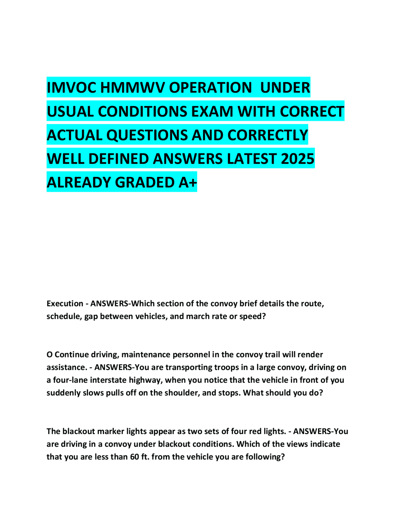 HMMWV Operation Under Usual Conditions Exam: Questions and Answers ...