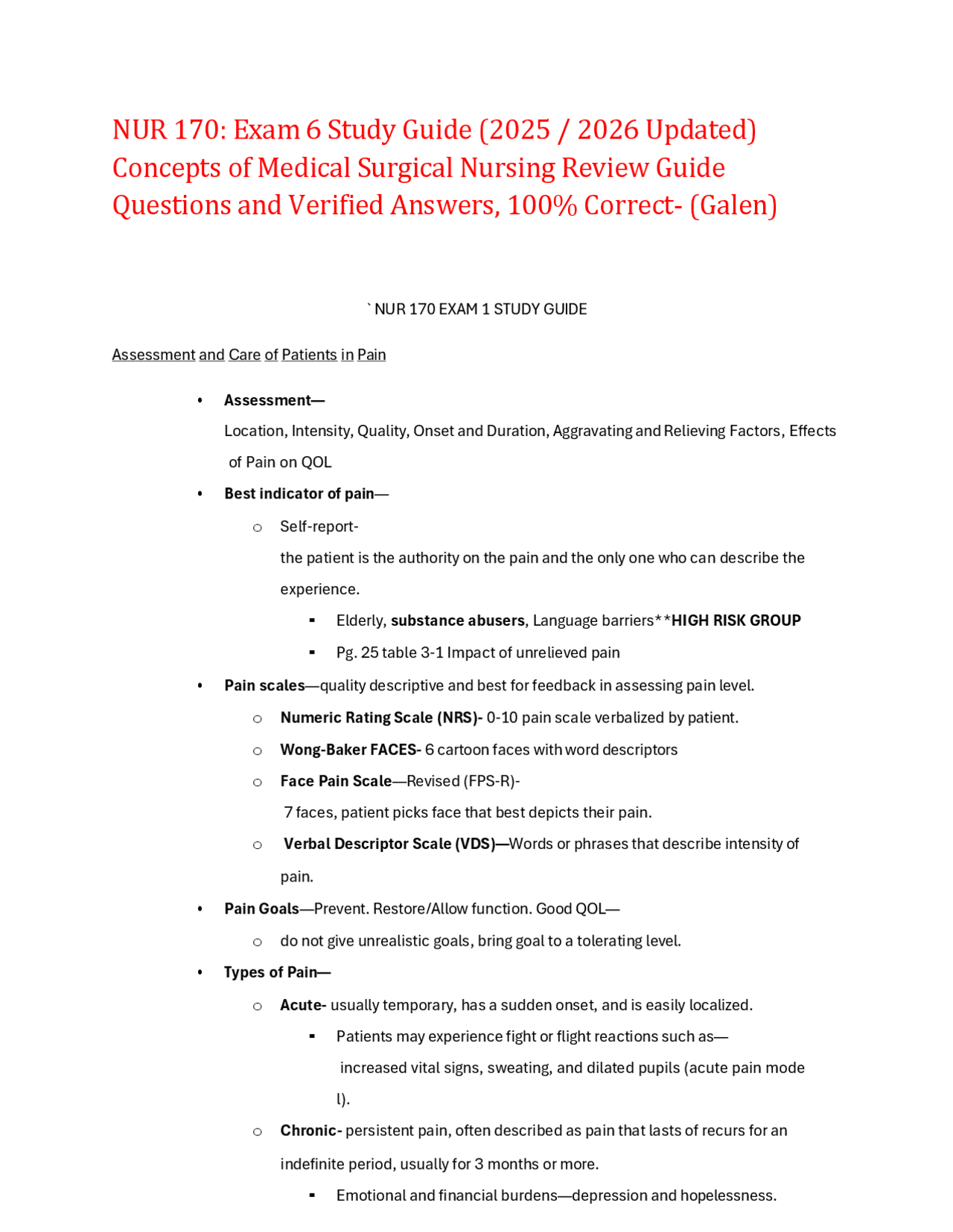 NUR170 2025/2026 Concepts of Medical Surgical Nursing Questions ...