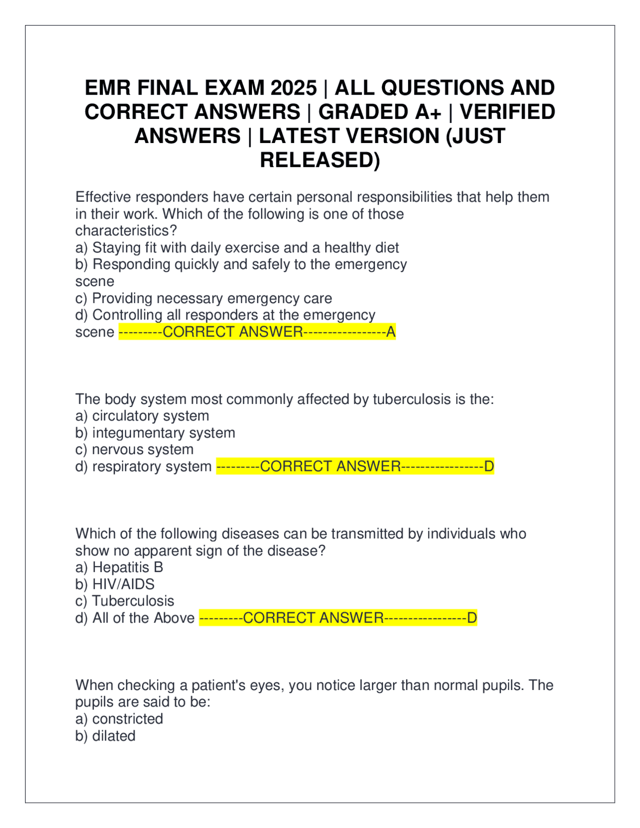 EMR FINAL EXAM 2025 | ALL QUESTIONS AND CORRECT ANSWERS | GRADED A+ ...