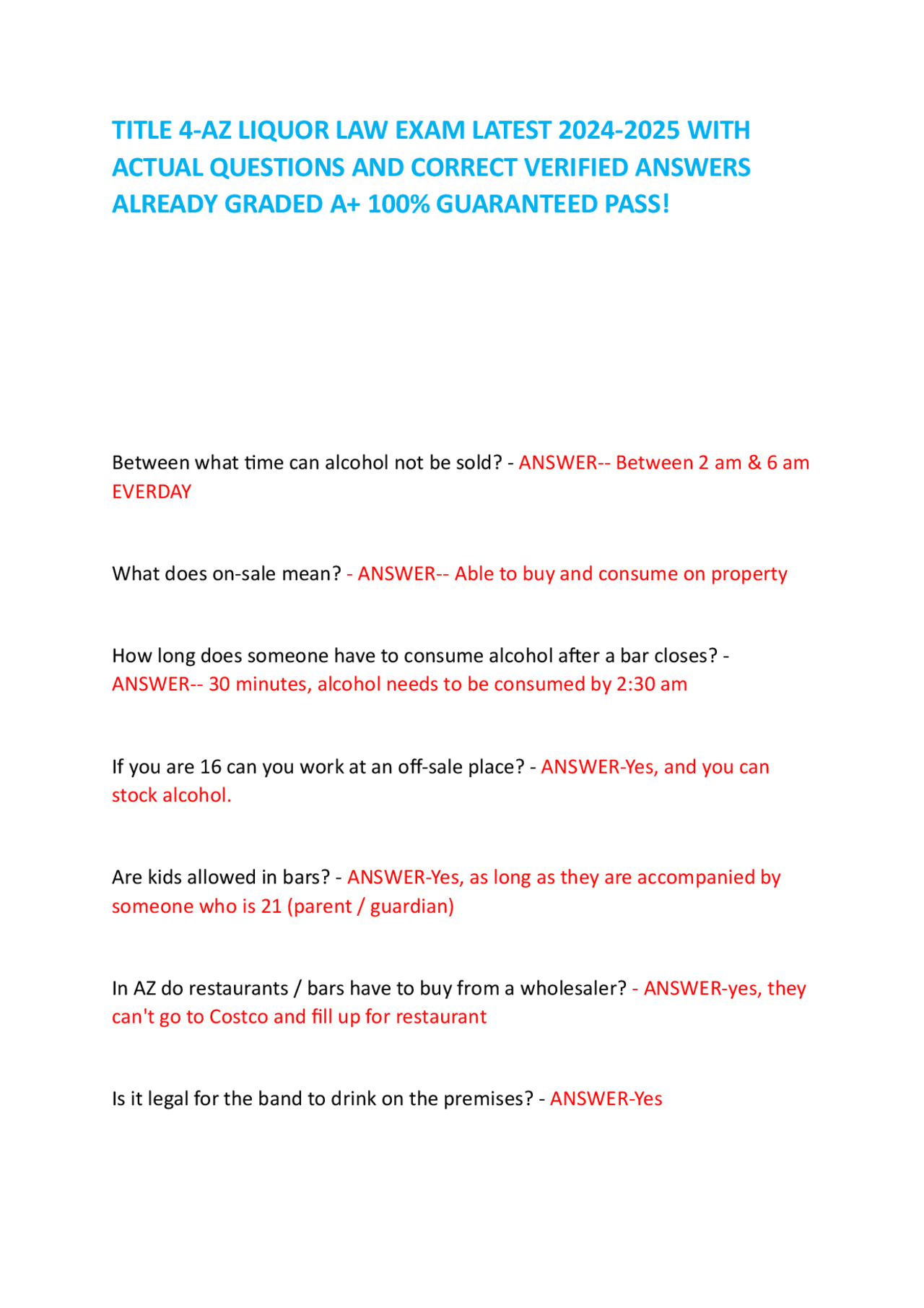 Arizona Liquor Laws Exam: Questions and Answers | Exams Nursing | Docsity