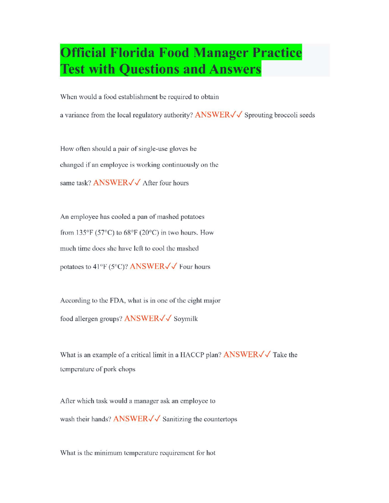 Official Florida Food Manager Practice Test with Questions and Answers ...