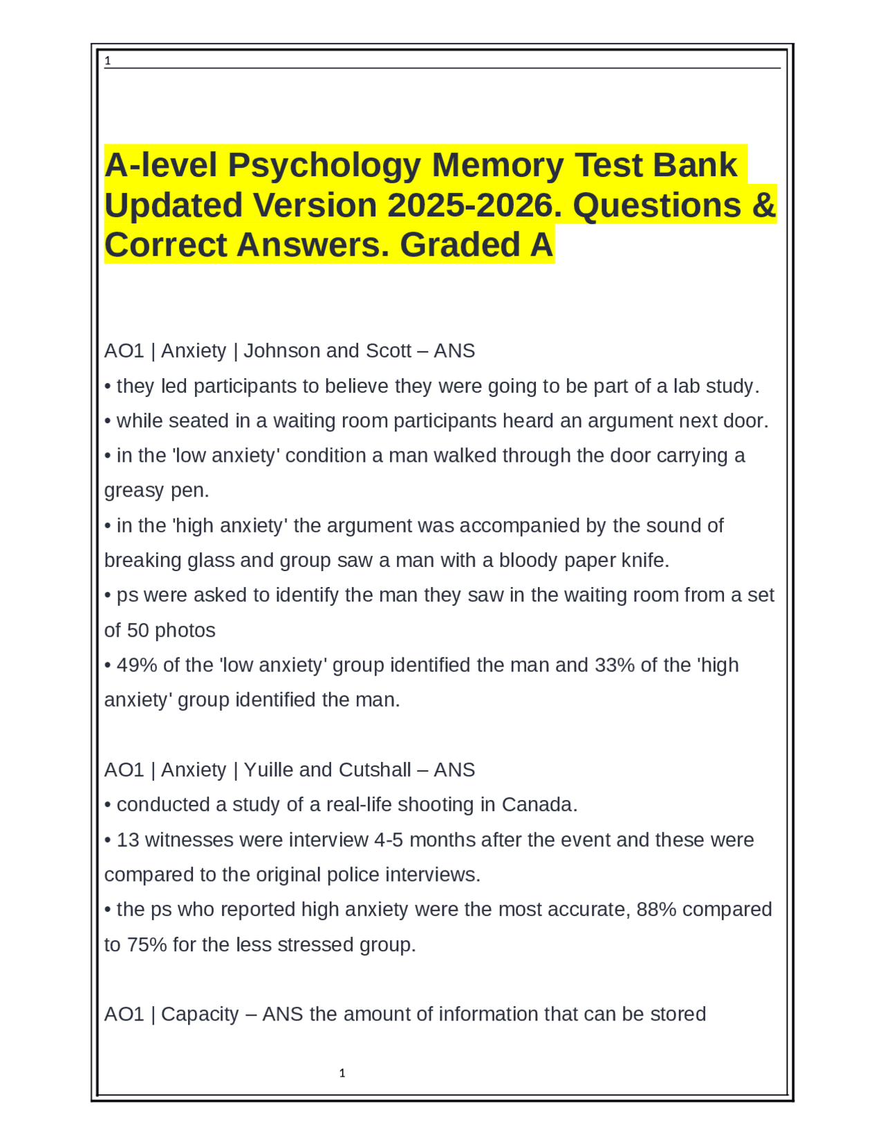 A-level Psychology Memory Test Bank Updated Version 2025-2026 ...