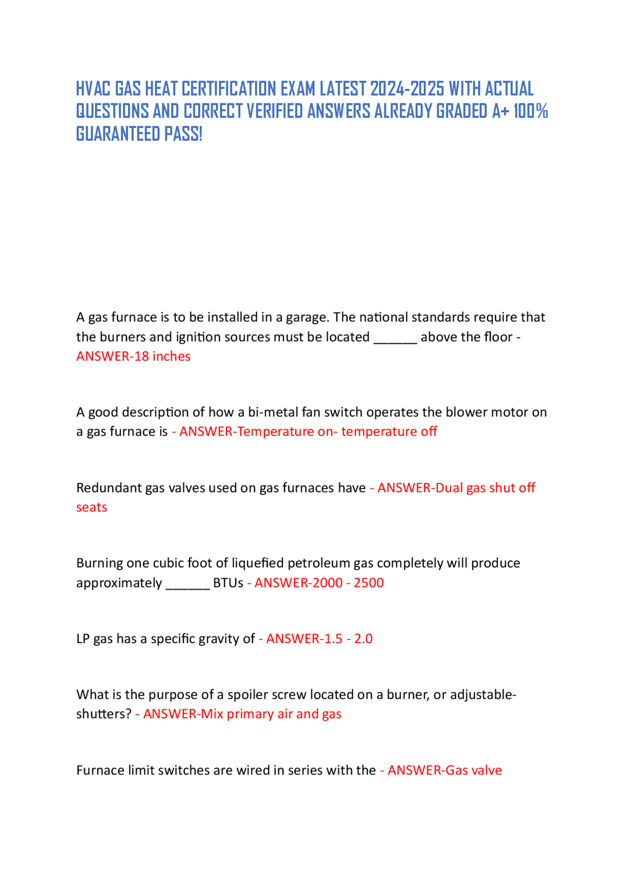HVAC GAS HEAT CERTIFICATION EXAM LATEST 2024-2025 WITH ACTUAL QUESTIONS ...