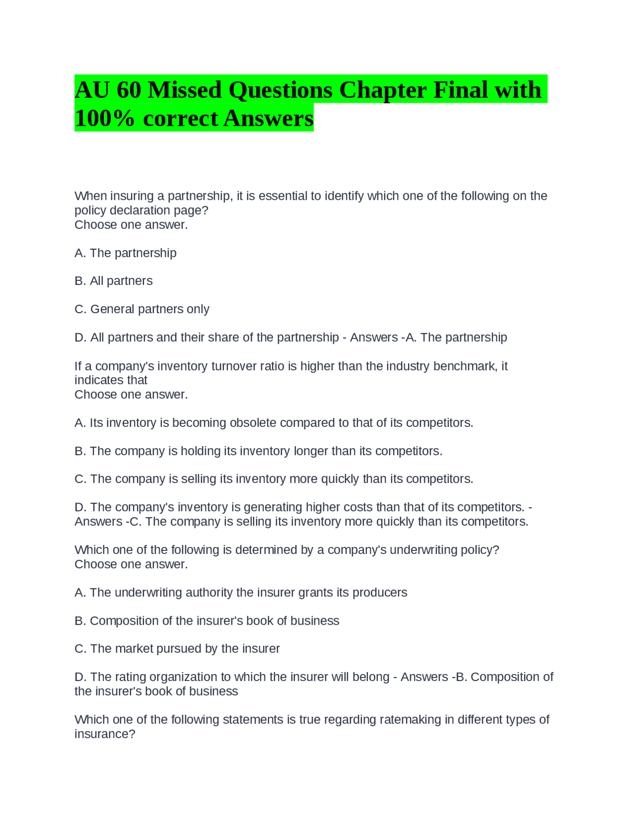 AU 60 Missed Questions Chapter Final with 100% correct Answers 2024 ...