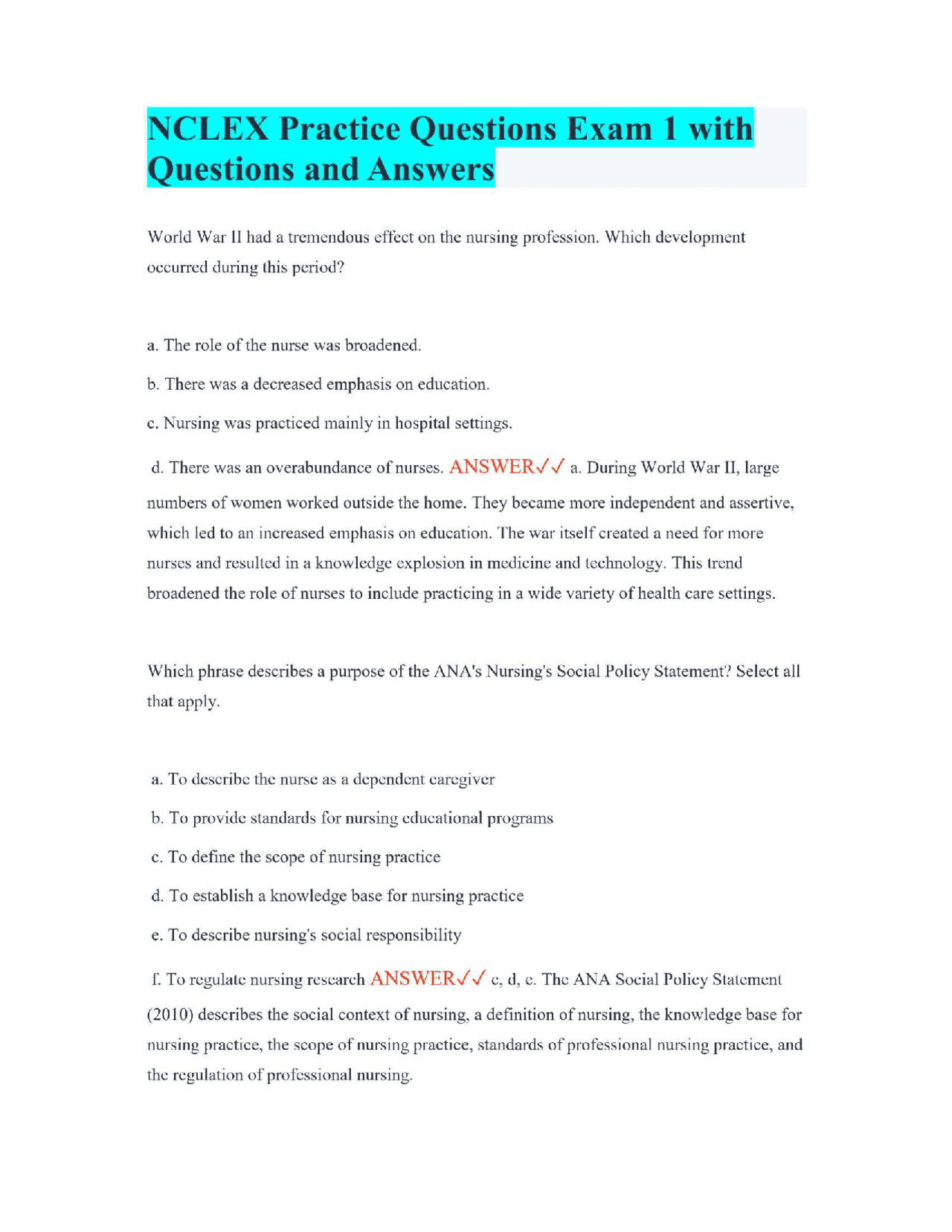 NCLEX Practice Questions Exam 1 with Questions and Answers | Exams ...