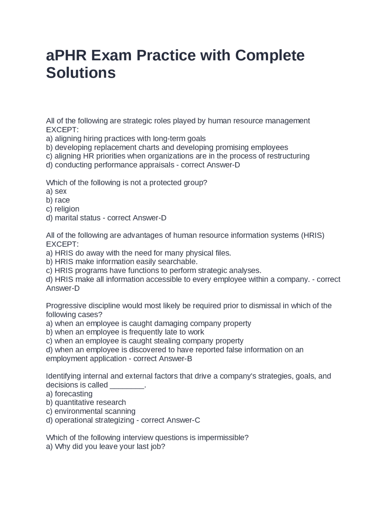 aPHR Exam Practice Questions and Answers | Exams Business Economics ...