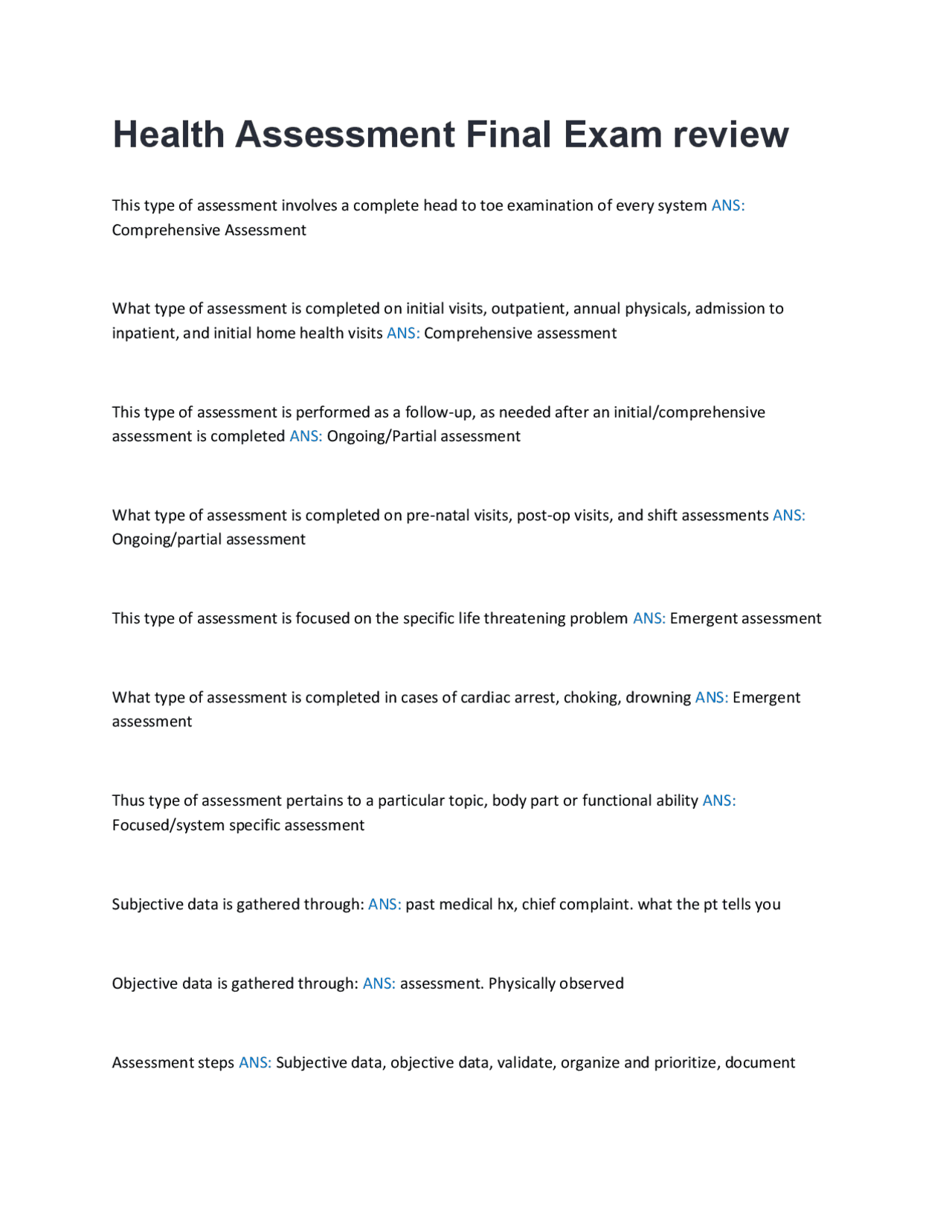 Health Assessment Final Exam Review: Comprehensive Guide with Questions ...
