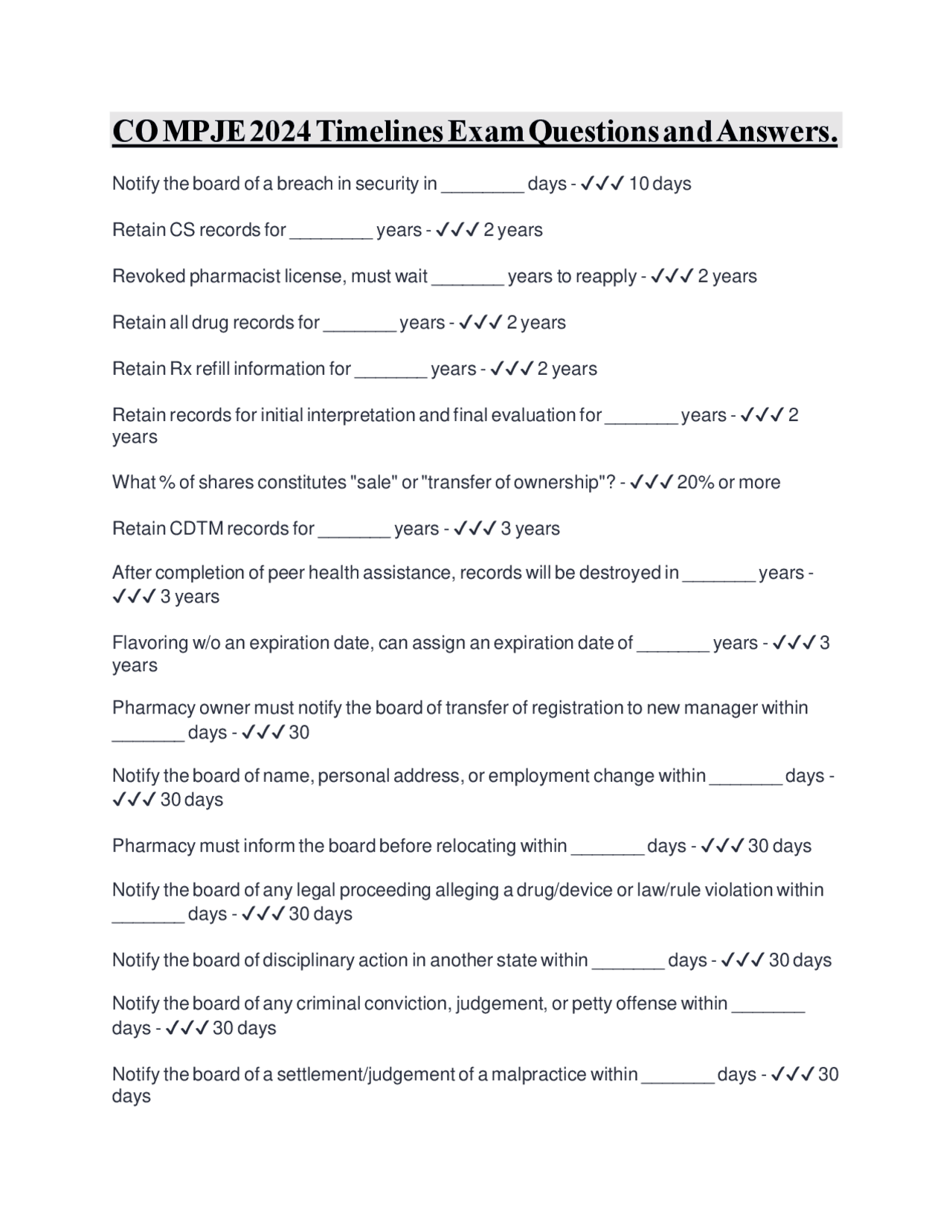 CO MPJE 2024 Timelines Exam Questions and Answers. | Exams Pharmacy ...