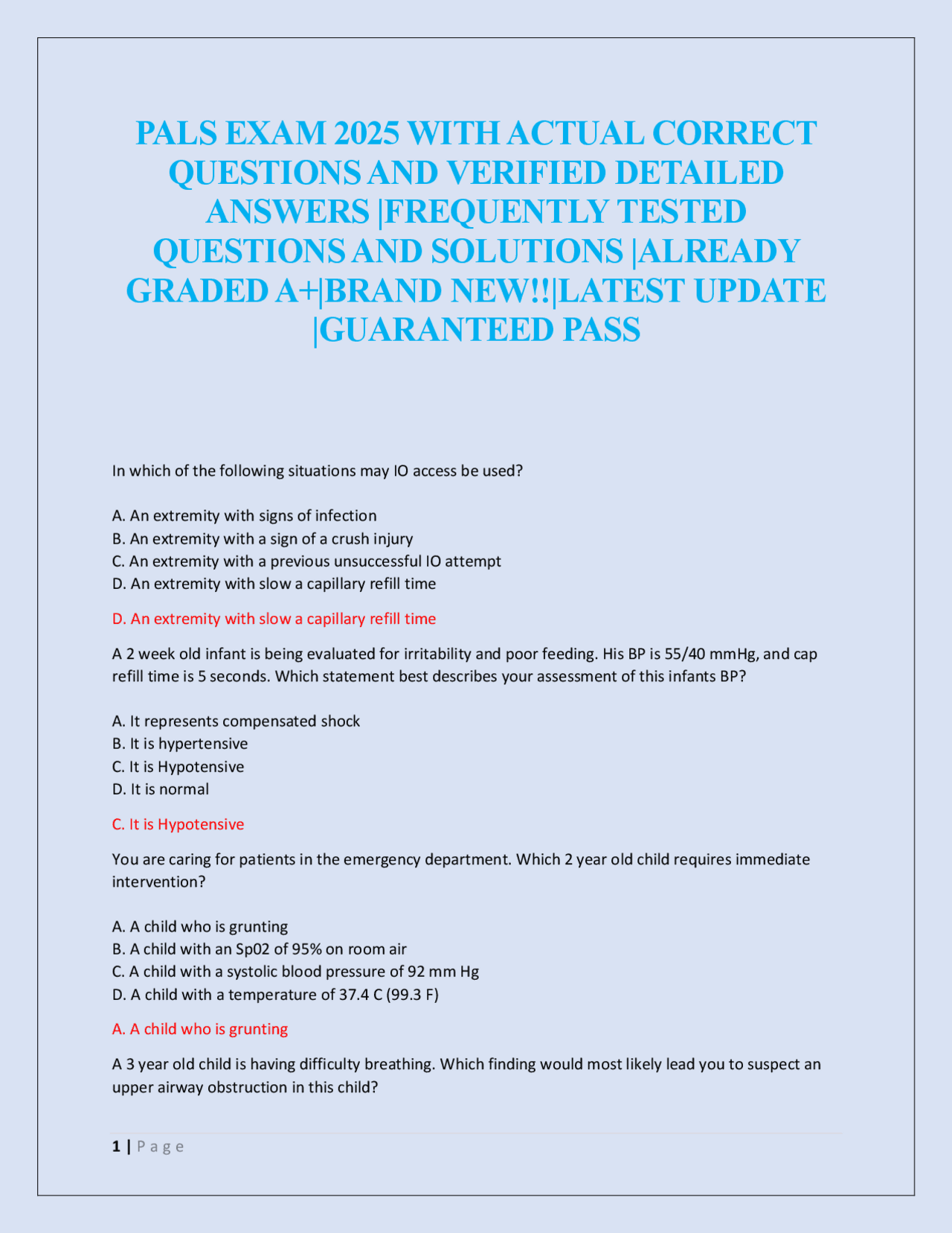 PALS EXAM 2025 WITH ACTUAL CORRECT QUESTIONS AND VERIFIED DETAILED ...