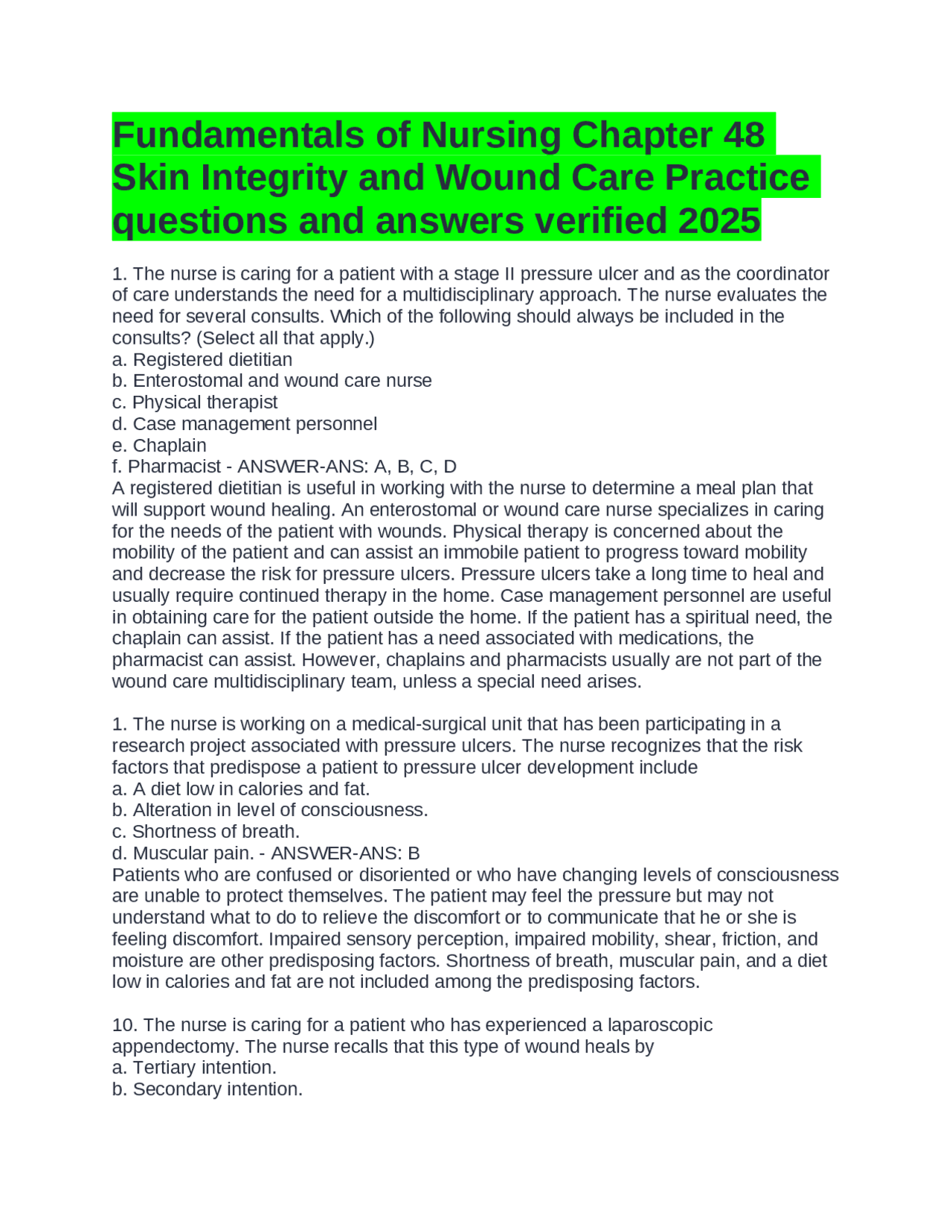 Fundamentals of Nursing: Skin Integrity and Wound Care Practice | Exams ...