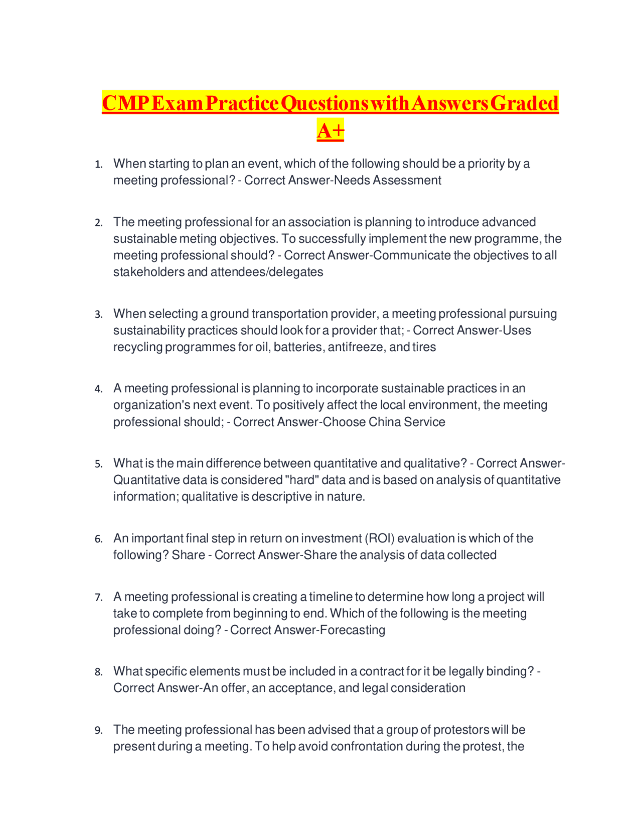 CMP Exam Practice Questions with Answers Graded A+ | Exams Human ...