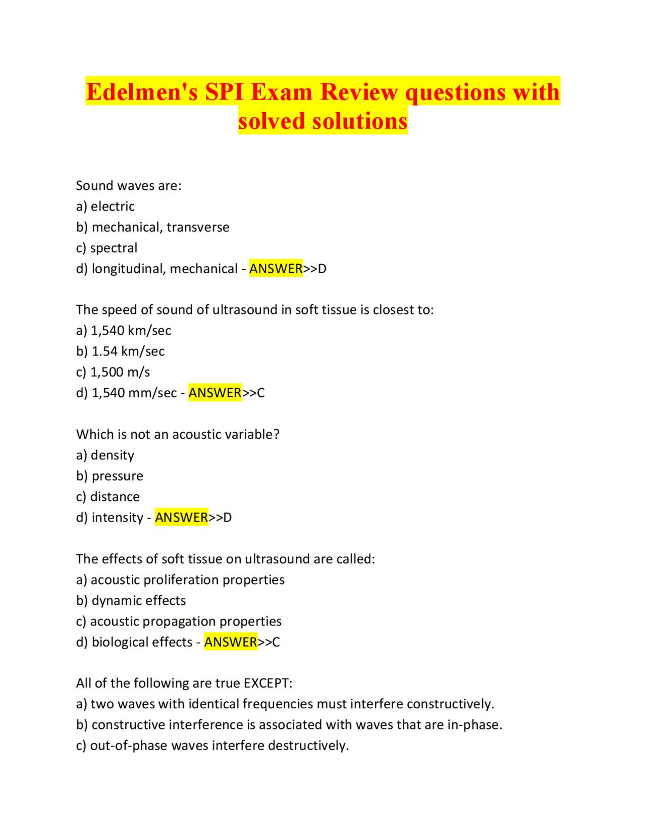 SPI Exam Review Questions and Answers: Ultrasound Physics | Exams ...
