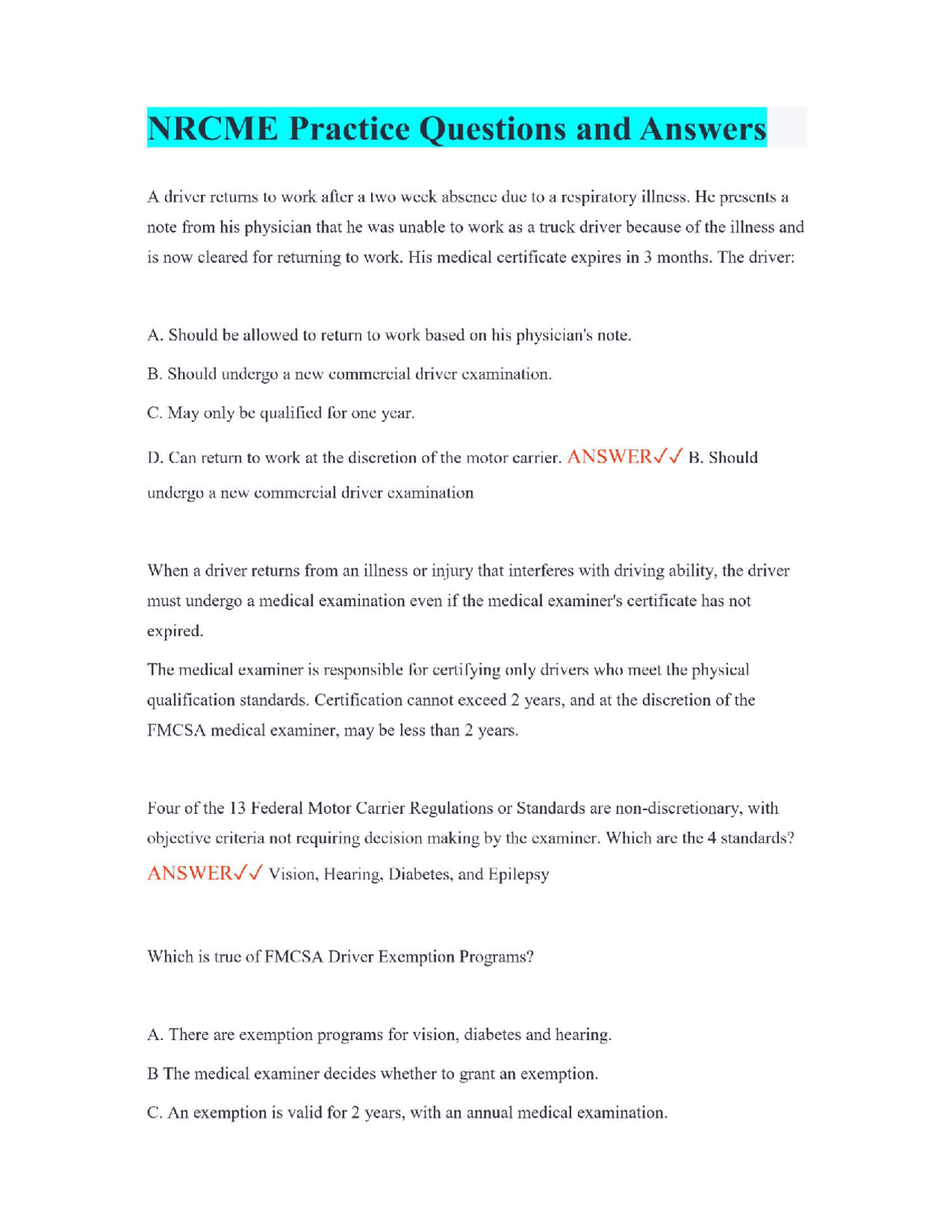 NRCME Practice Questions and Answers | Exams Health sciences | Docsity