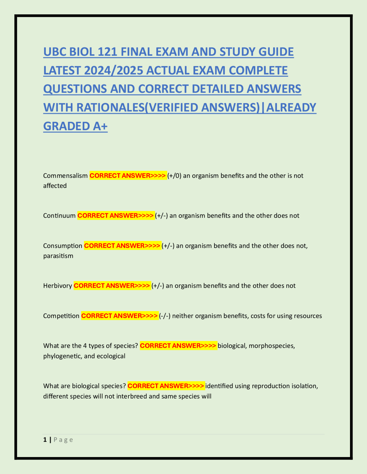 UBC BIOL 121 FINAL EXAM AND STUDY GUIDE LATEST 2024/2025 ACTUAL EXAM ...