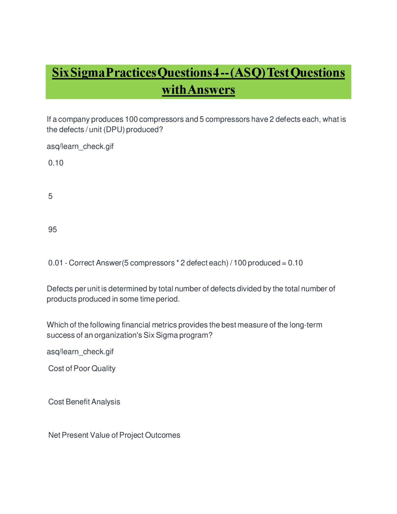 Six Sigma Practices Questions 4 -- (ASQ) Test Questions with Answers ...