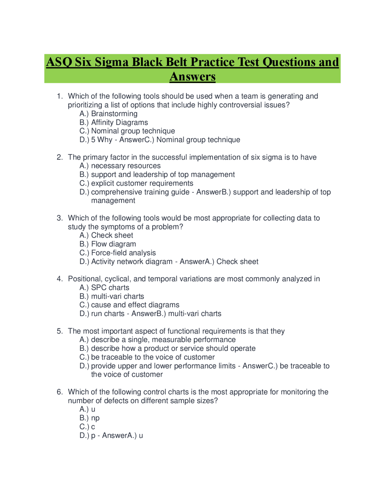 ASQ Six Sigma Black Belt Practice Test Questions and Answers | Exams ...
