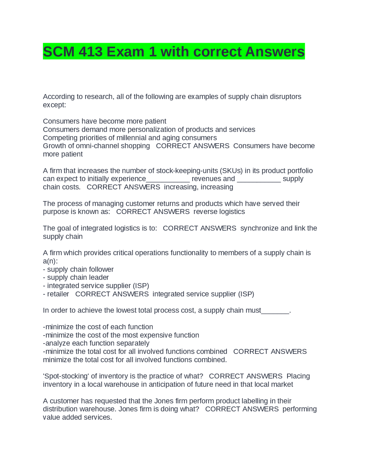 SCM 413 Exam 1 with Correct Answers: Supply Chain Management Concepts ...