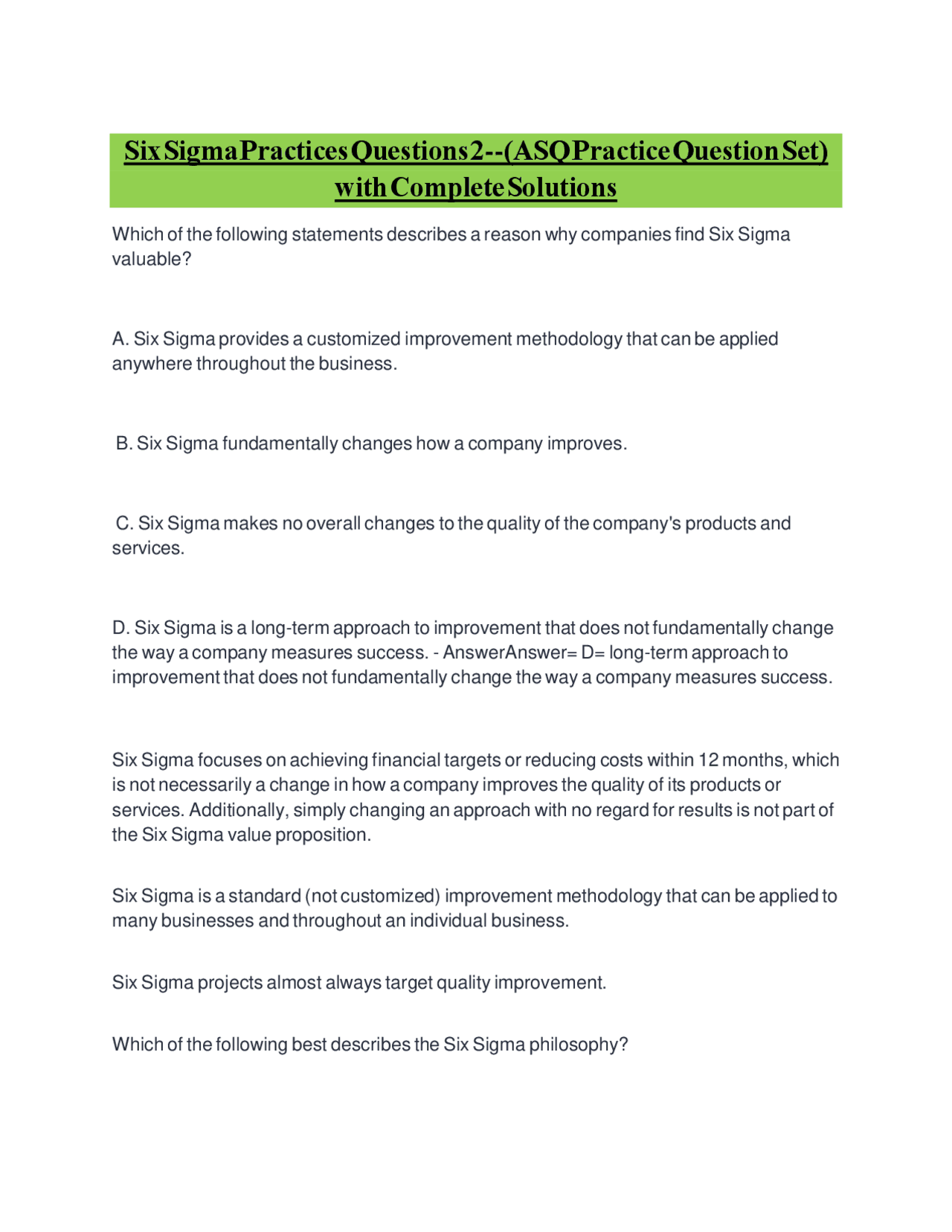 Six Sigma Practices Questions 2--(ASQ Practice Question Set) with ...