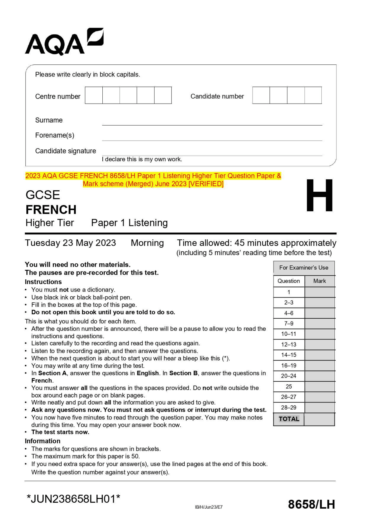 AQA GCSE FRENCH 8658/LH Paper 1 Listening Higher Tier Question Paper ...